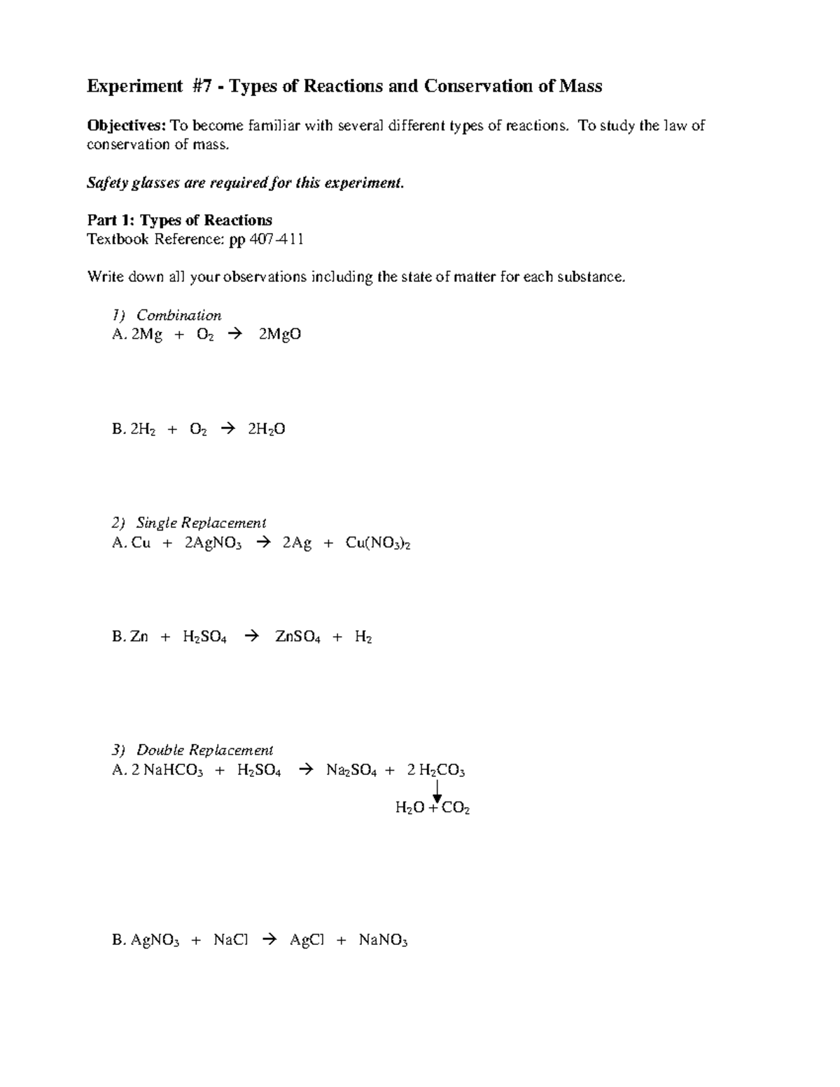 Experiment #7 - Types of Reactions and Conservation of Mass - Studocu