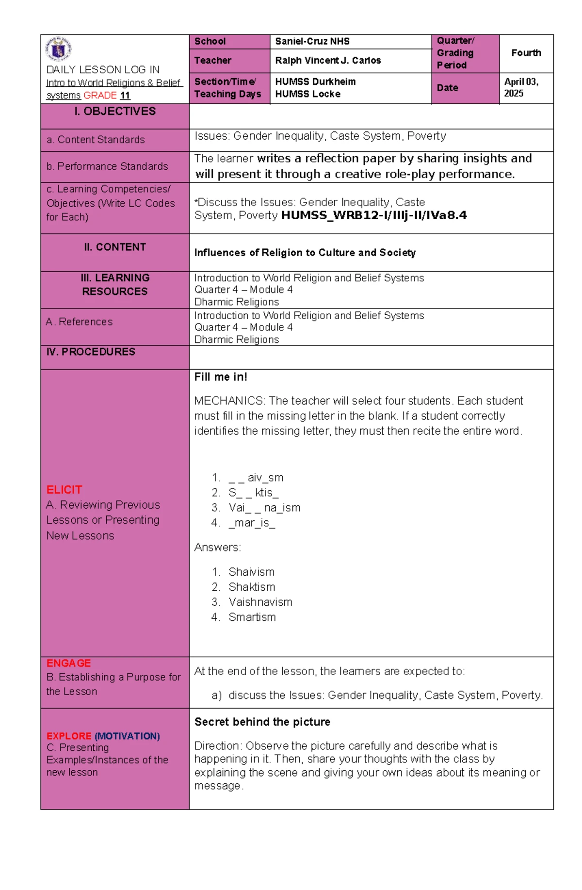 DAILY LESSON LOG: Sacred Texts of Hinduism - GRADE 11 HUMSS - Studocu