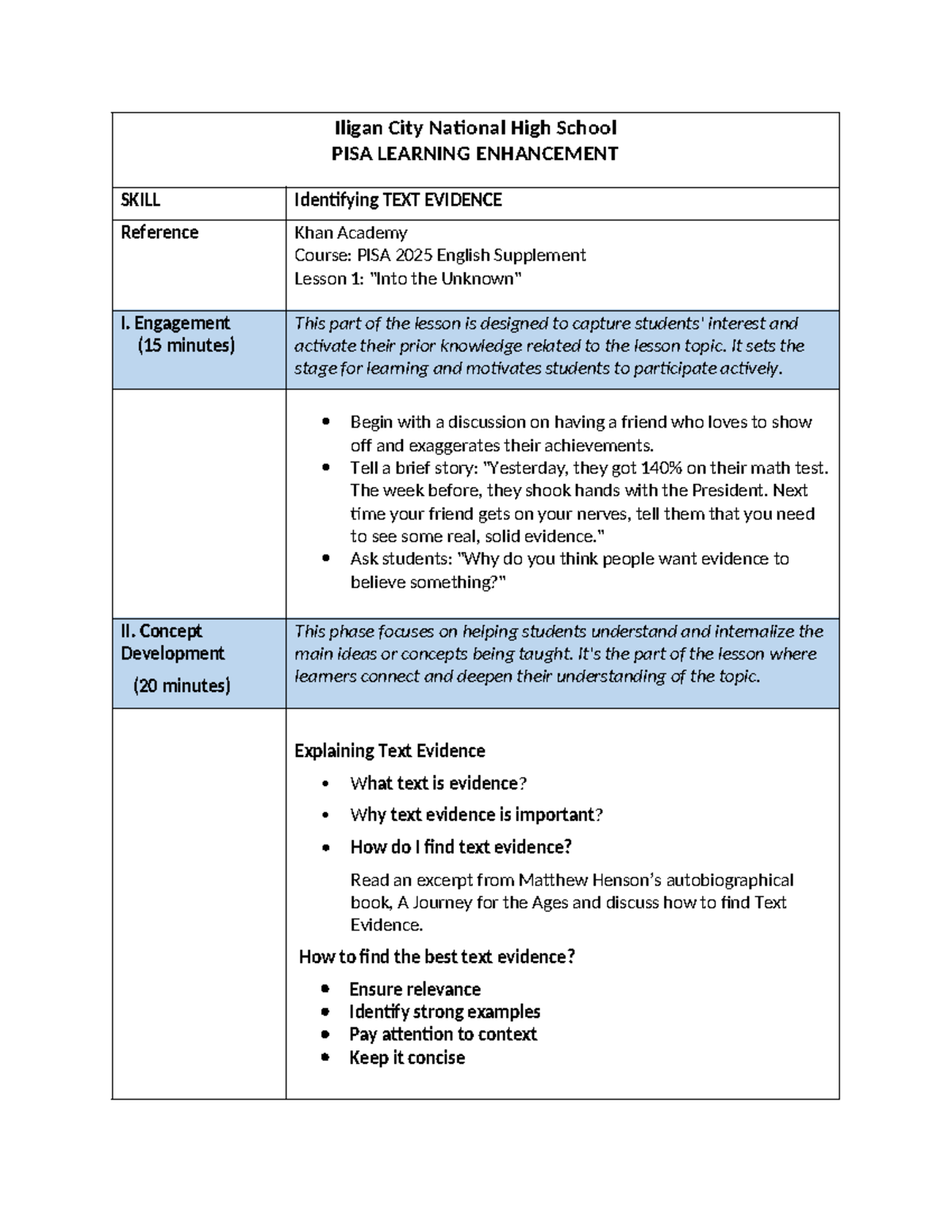 LP-PISA-2025: Lesson Plan on Identifying Text Evidence - Studocu