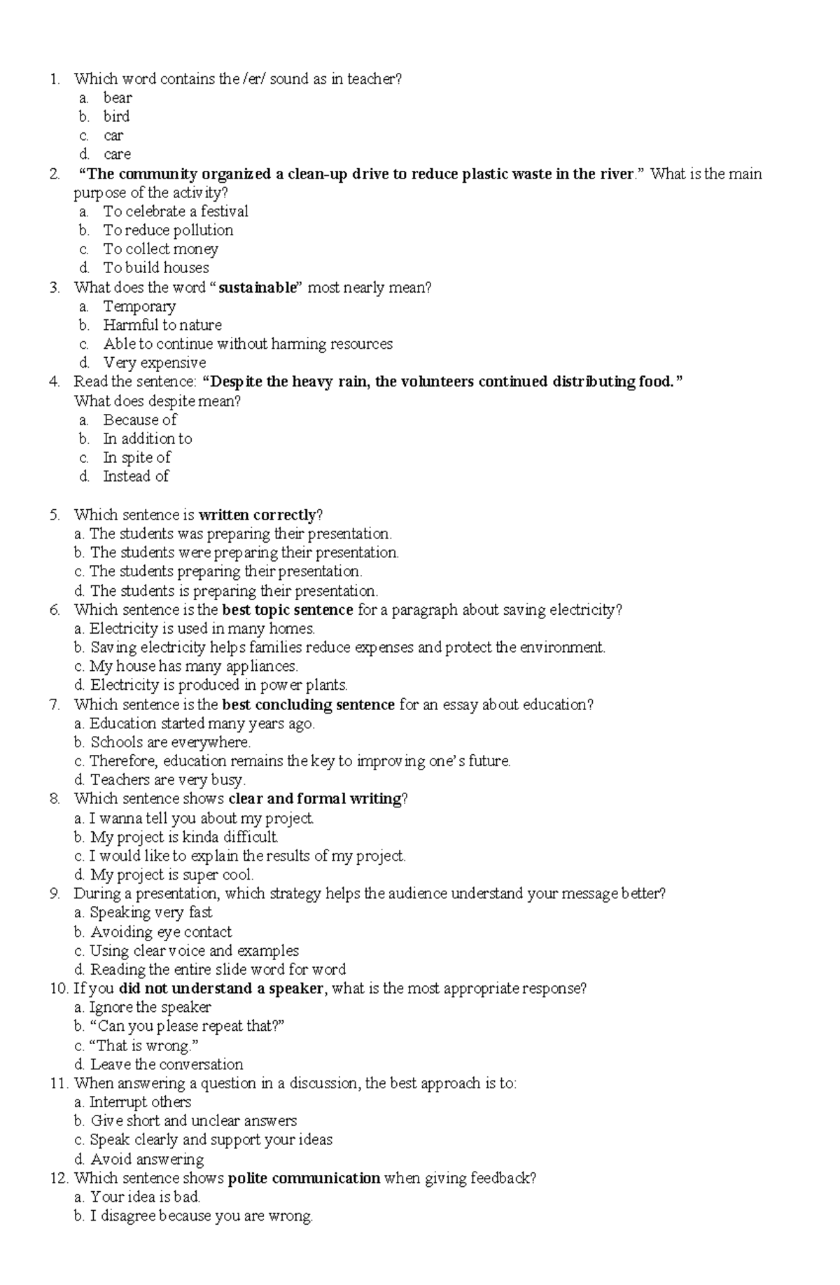 ALS Quiz: Understanding Environmental Issues and Communication Skills ...