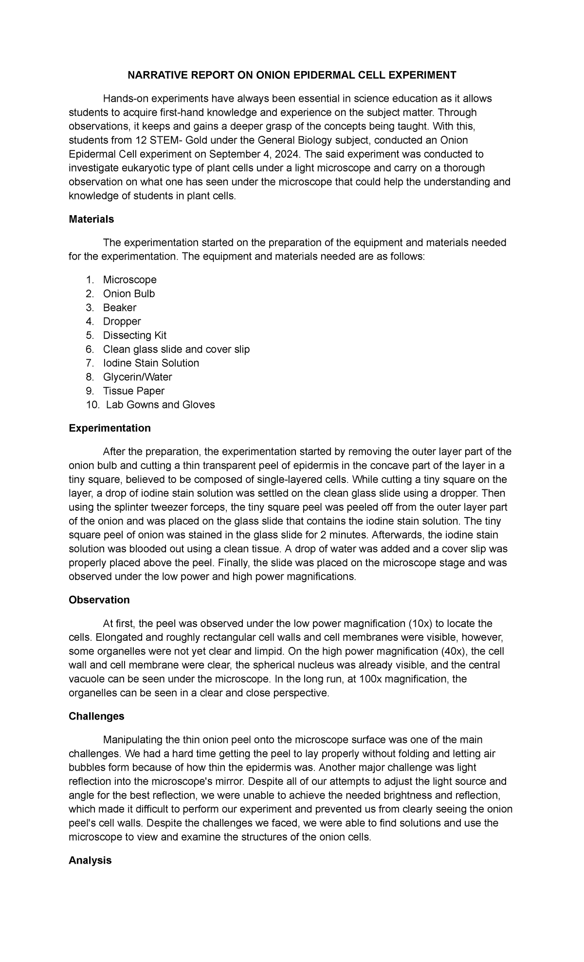 Narrative Report on Onion Epidermal Cell Experiment - BIO 101 - Studocu