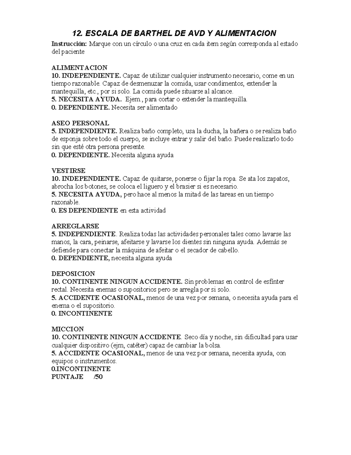 12. ESCALA DE BARTHEL DE AVD: Habilidades de la Vida Diaria - Studocu