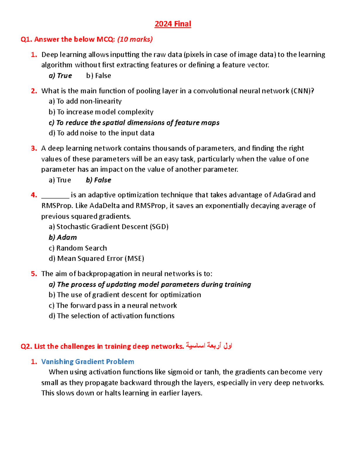 2024 Final Exam: Deep Learning MCQs and Challenges Analysis - Studocu