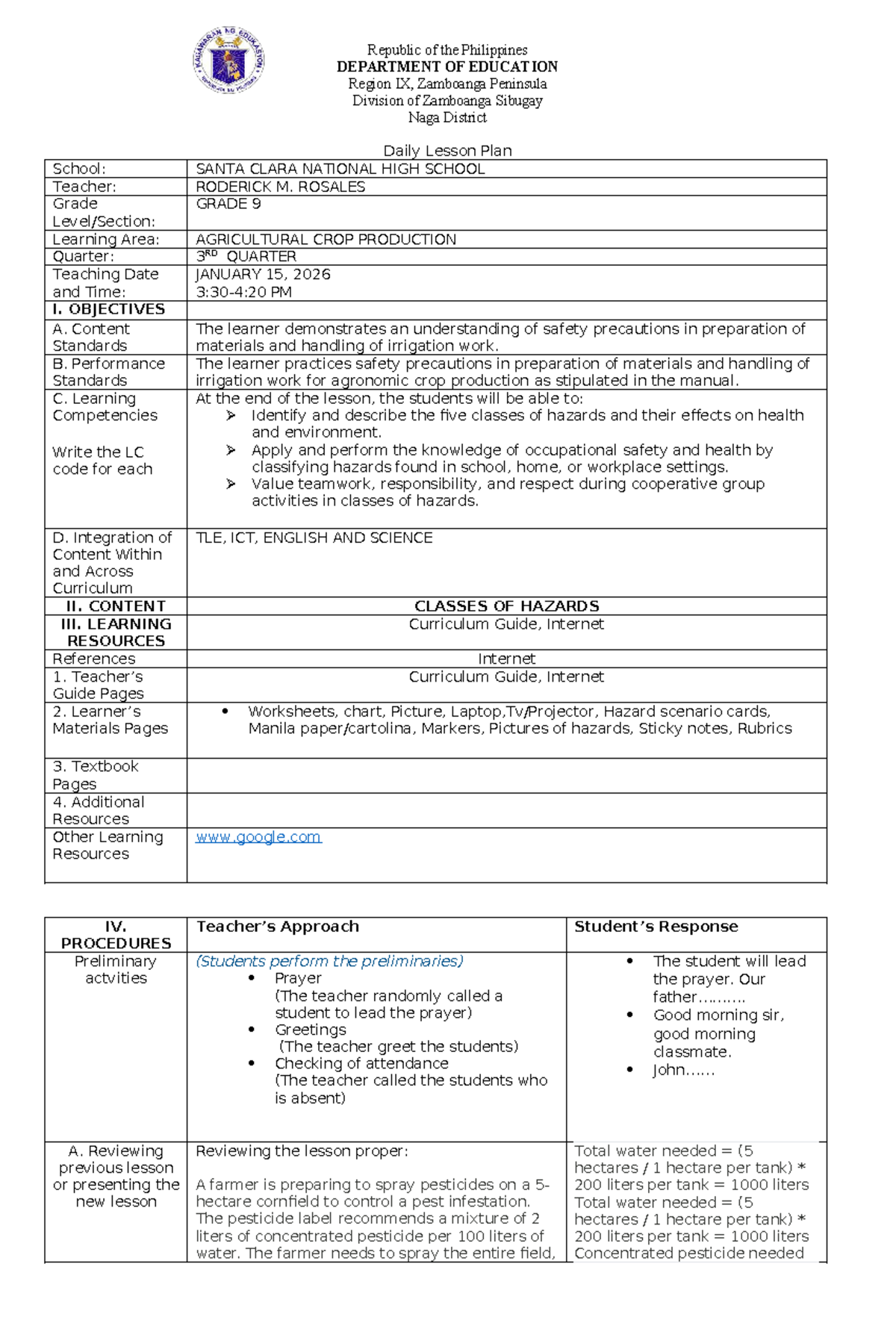 Grade 9 TLE Lesson Plan: Classes of Hazards (3rd Quarter) - Studocu