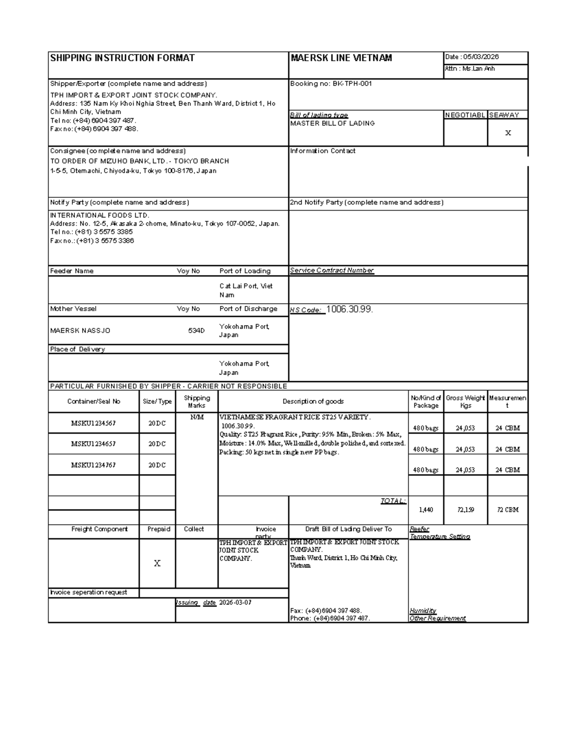 SHIPPING INSTRUCTION FORMAT - MAERSK LINE VIETNAM - Studocu