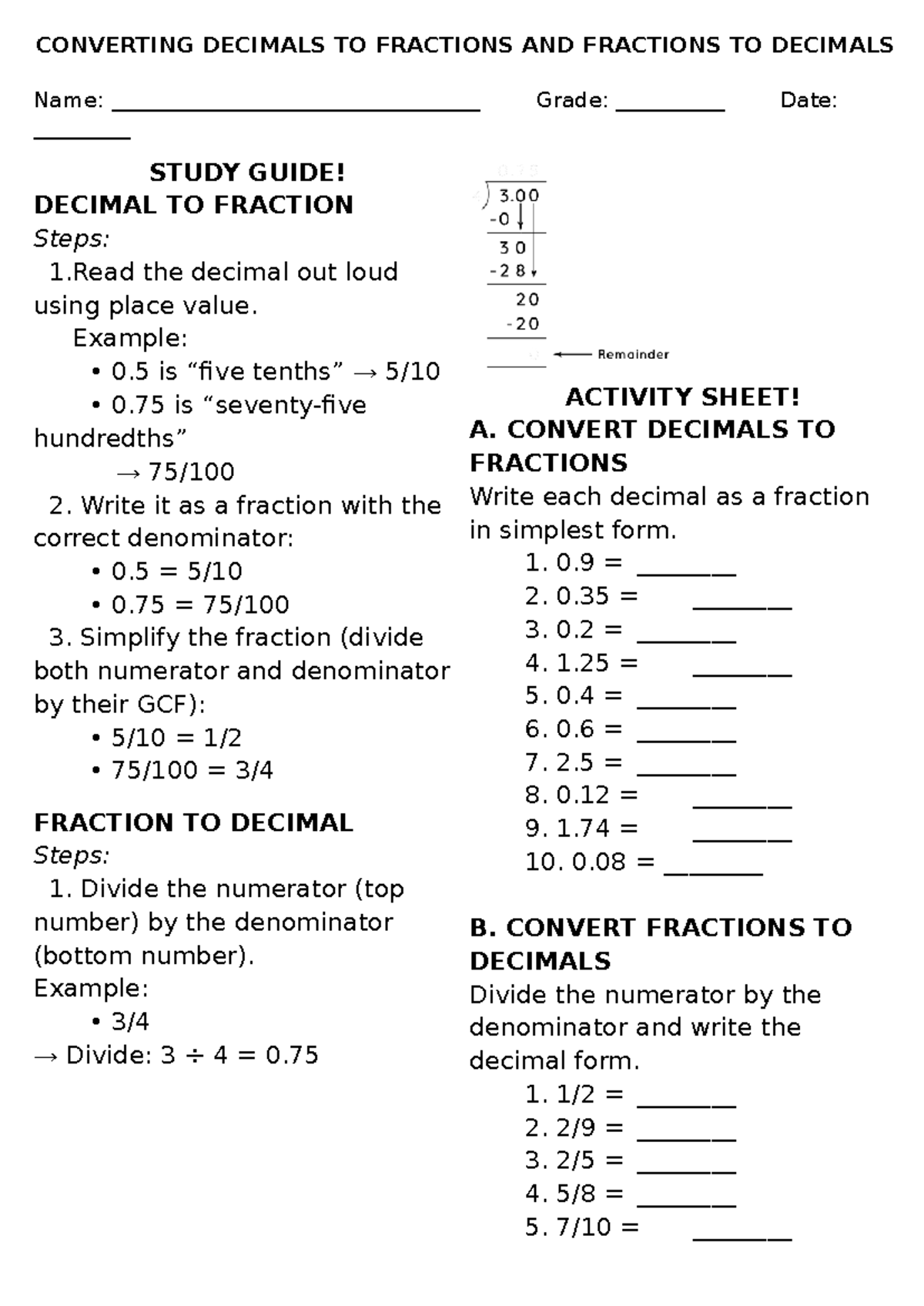 MATH 101: Study Guide for Converting Decimals and Fractions - Studocu