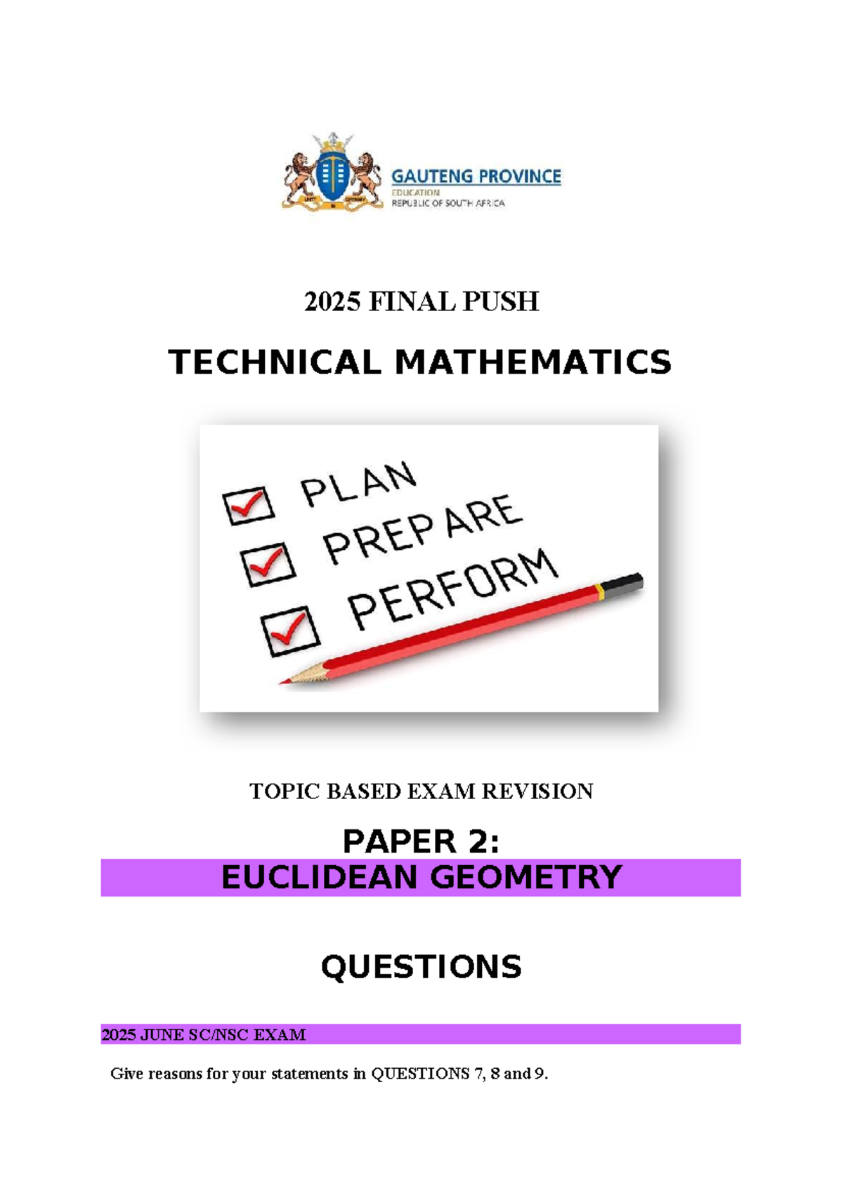 2025 TECH MATHS FINAL EXAM REVISION: EUCLIDEAN GEOMETRY QUESTIONS - Studocu