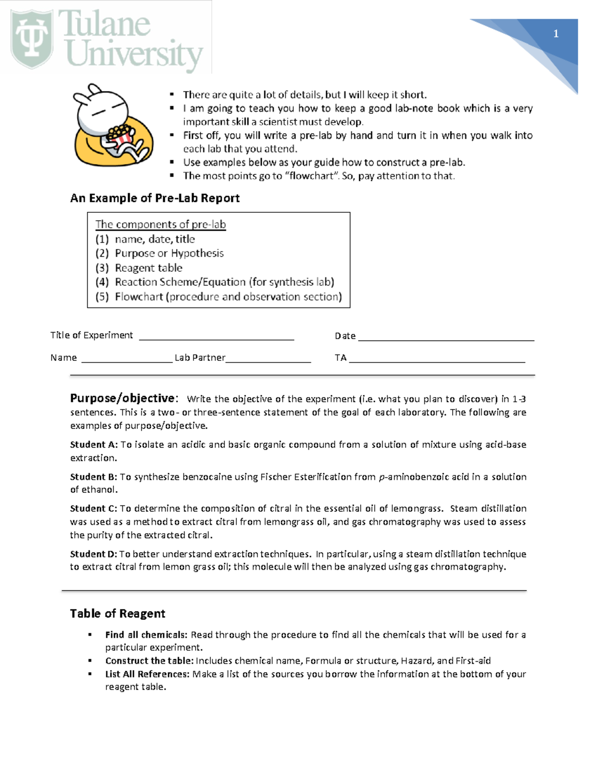 Pre-lab note book example - An Example of Pre-Lab Report Purpose/objective: Write the objective ...