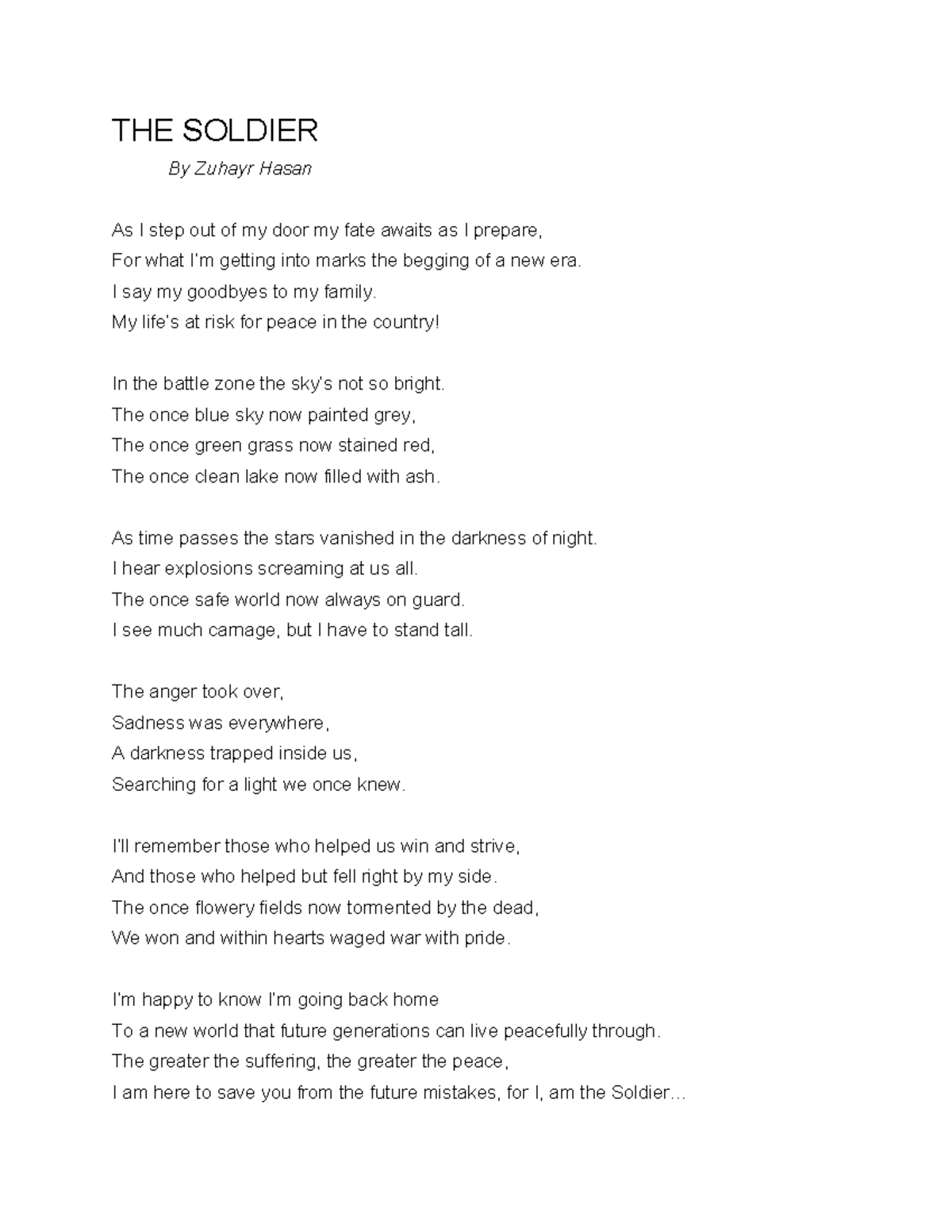 English 10- The Soldier Poem - THE SOLDIER By Zuhayr Hasan As I step ...