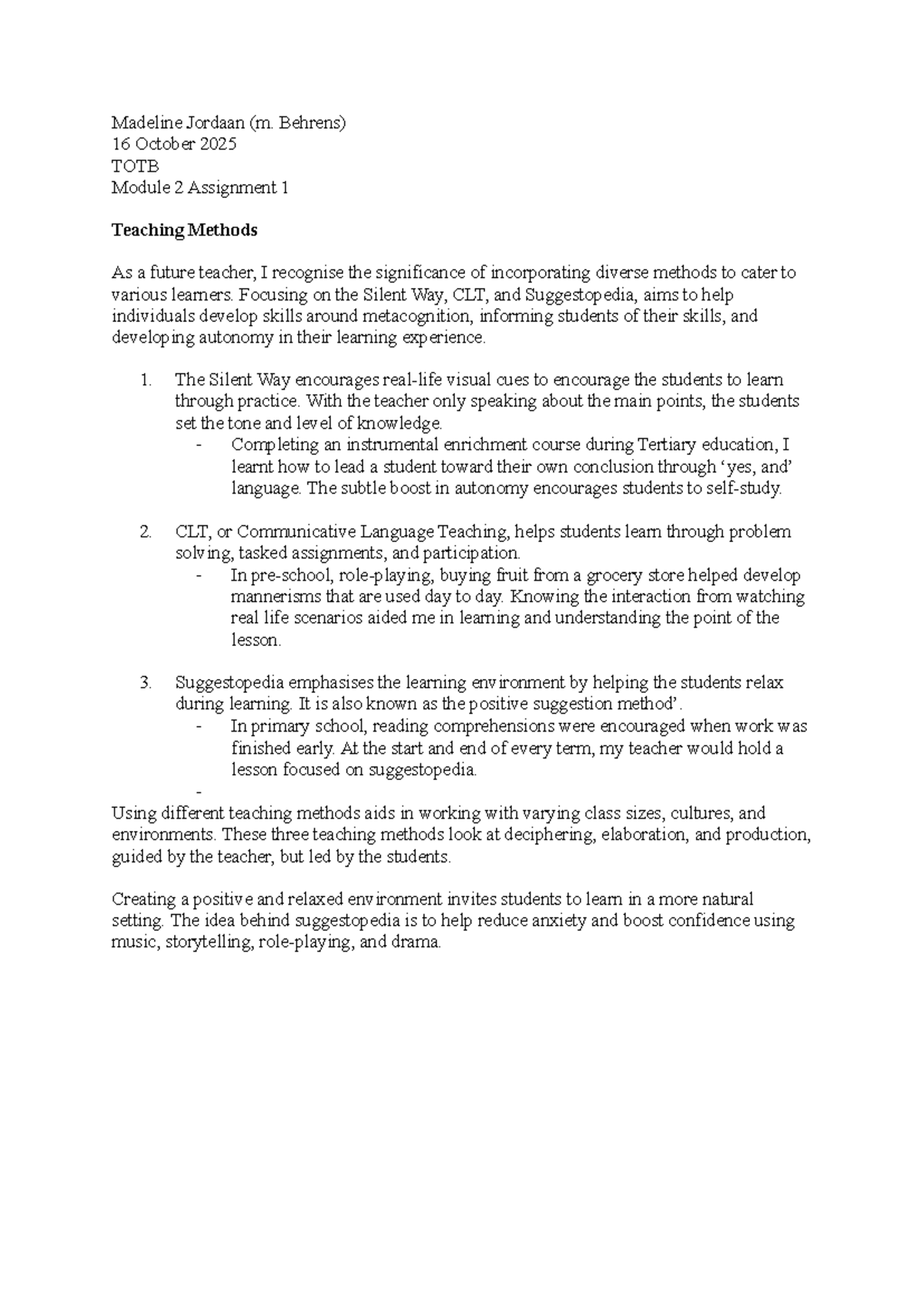 TEFL M2A1 - Teaching Methods: Silent Way, CLT, and Suggestopedia - Studocu