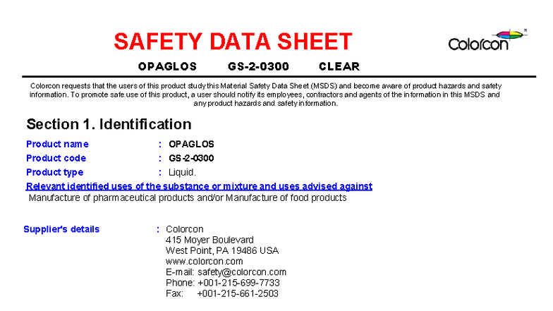 SAFETY DATA SHEET: OPAGLOS CLEAR (GS-2S-0300) - Studocu