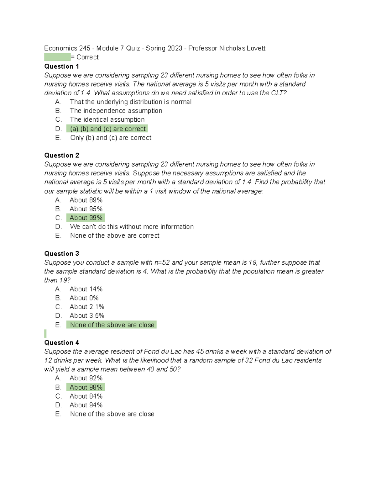 Economics 245 - Module 7 Quiz - Spring 2023 - Statistical Assumptions ...