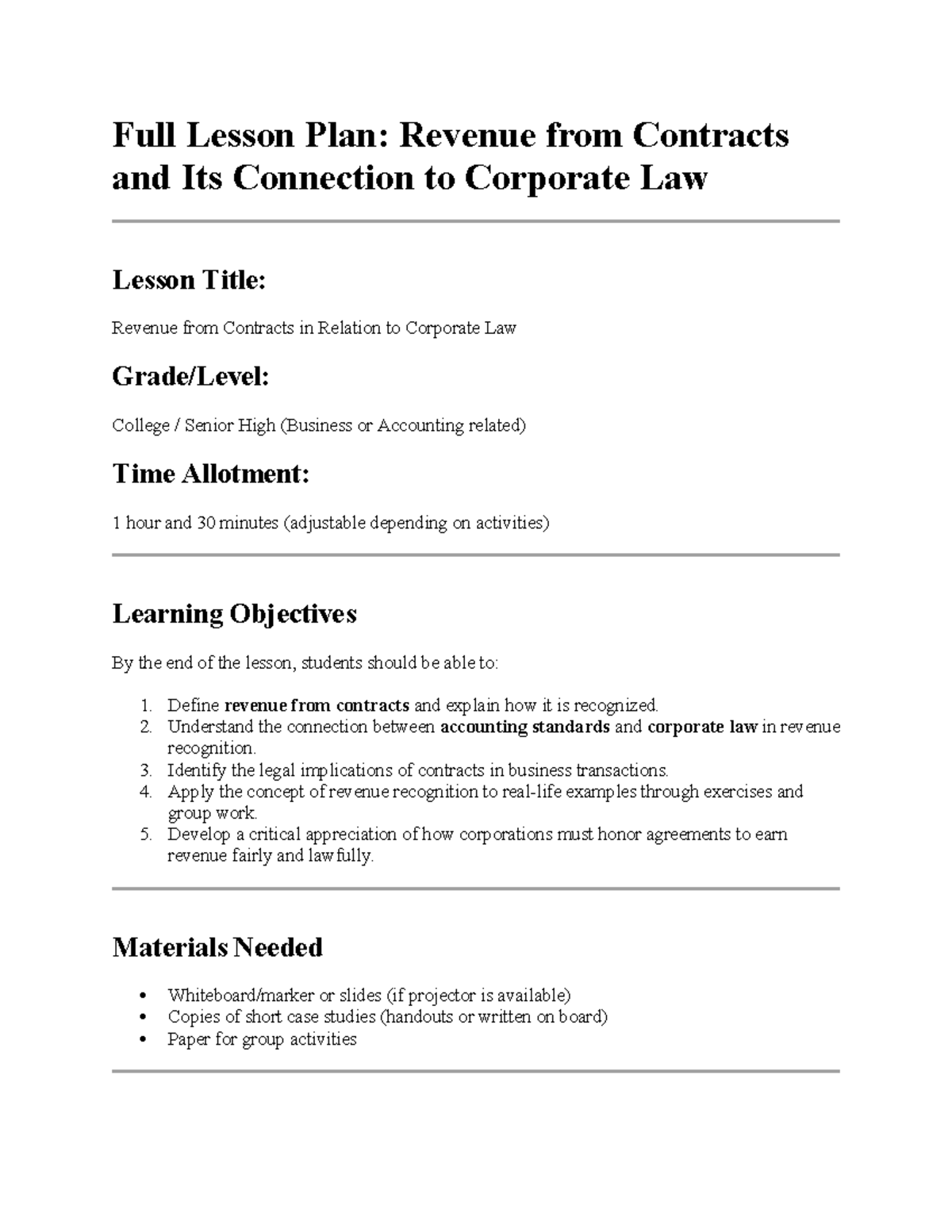 Full Lesson Plan: Revenue from Contracts & Corporate Law (BSA) - Studocu
