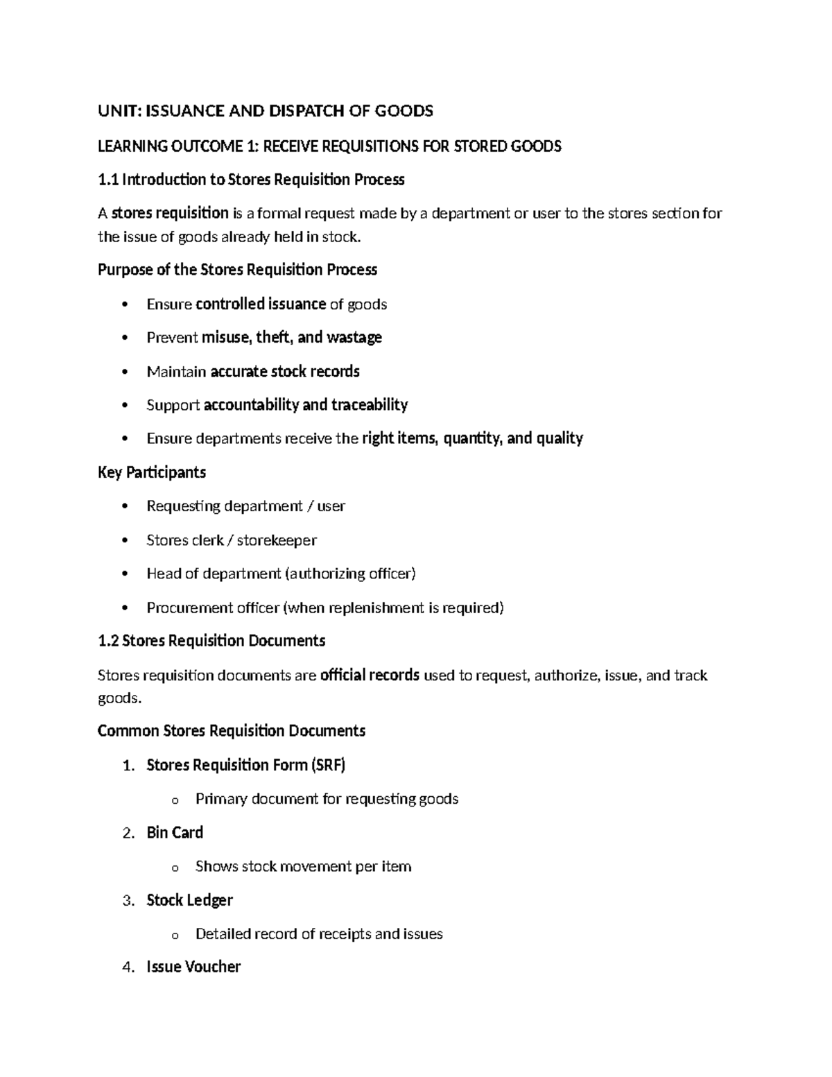 Lecture Notes: Issuance & Dispatch of Goods (MOD 101) - Studocu