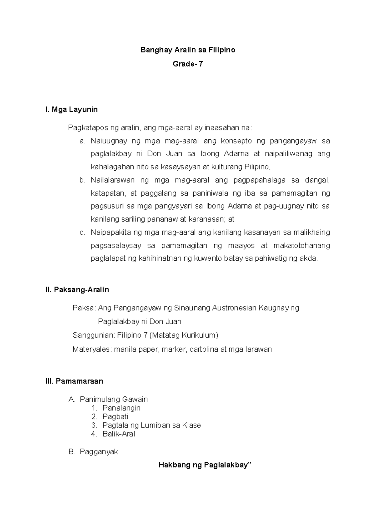 Banghay Aralin sa Filipino 7: Paglalakbay ni Don Juan at Pangangayaw ...