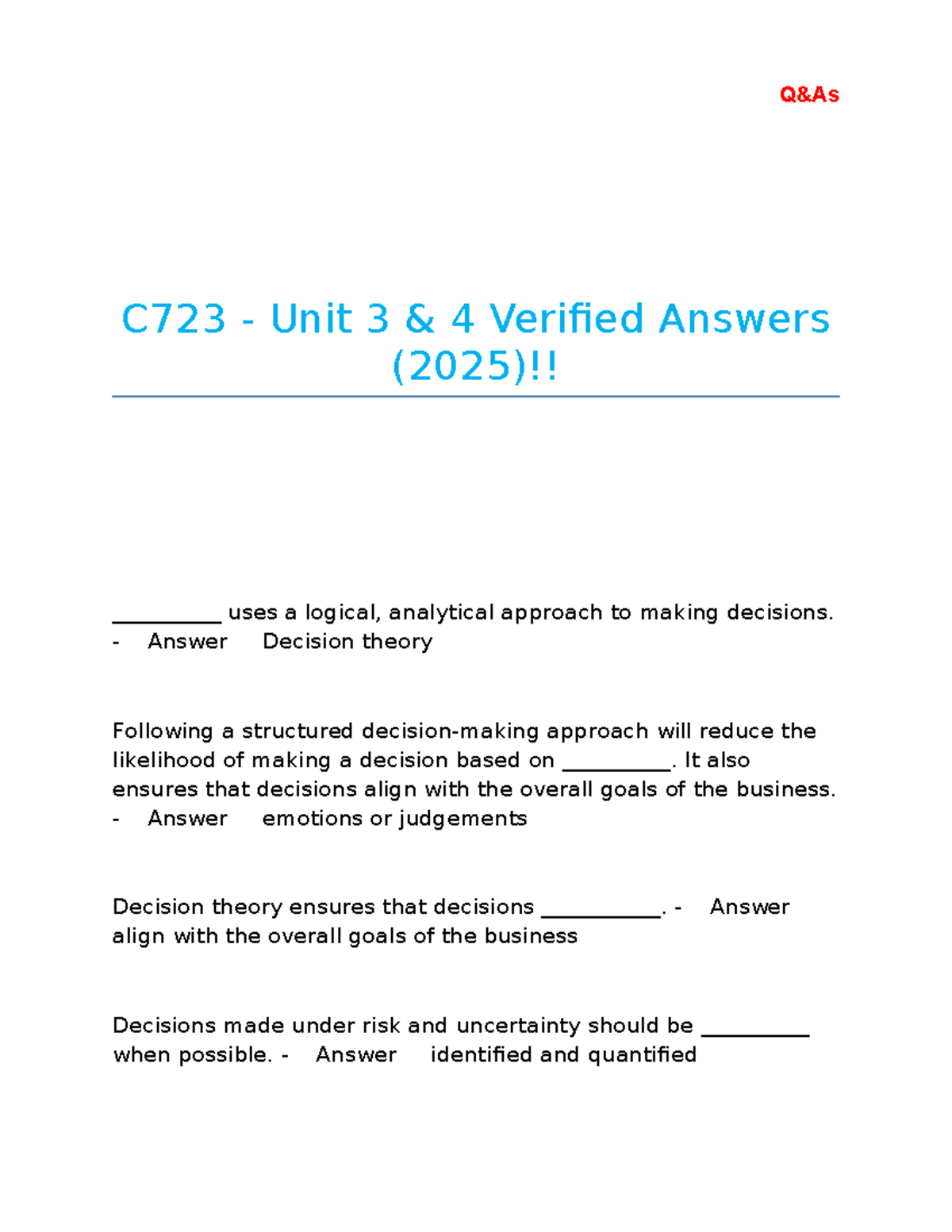 C723 - Unit 3 & 4 Verified Answers (2025) - C723 - Unit 3 & 4 Verified ...