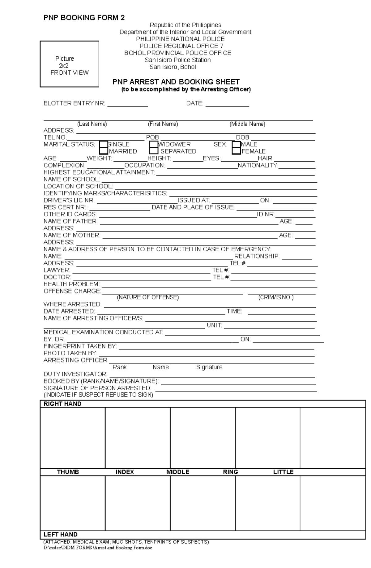 PNP Booking Form: Arrest and Booking Sheet Template - Studocu