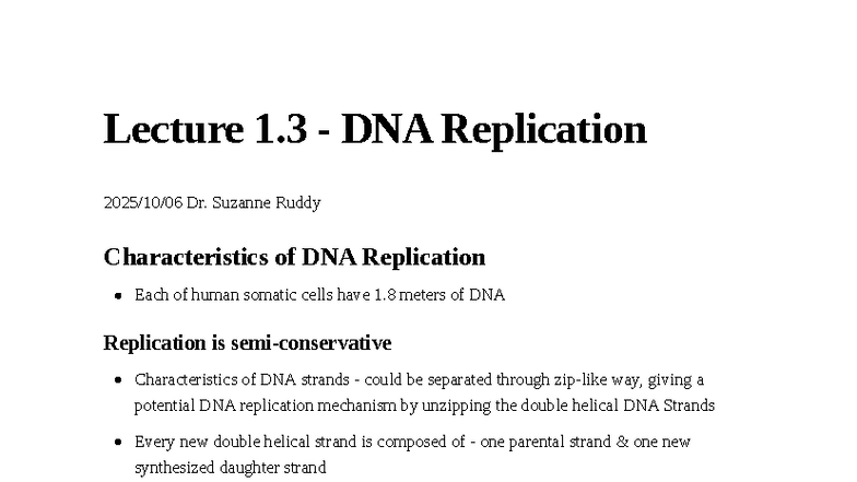 Lecture 3: DNA Replication Overview and Mechanisms - Studocu