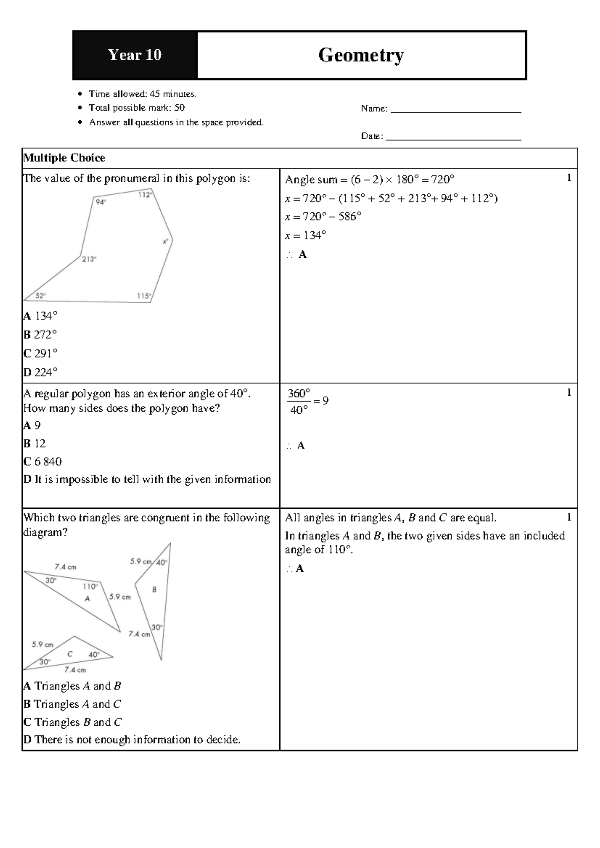 Geometry Year 10 Final Exam - 45 Minutes, Total Marks: 50 - Studocu