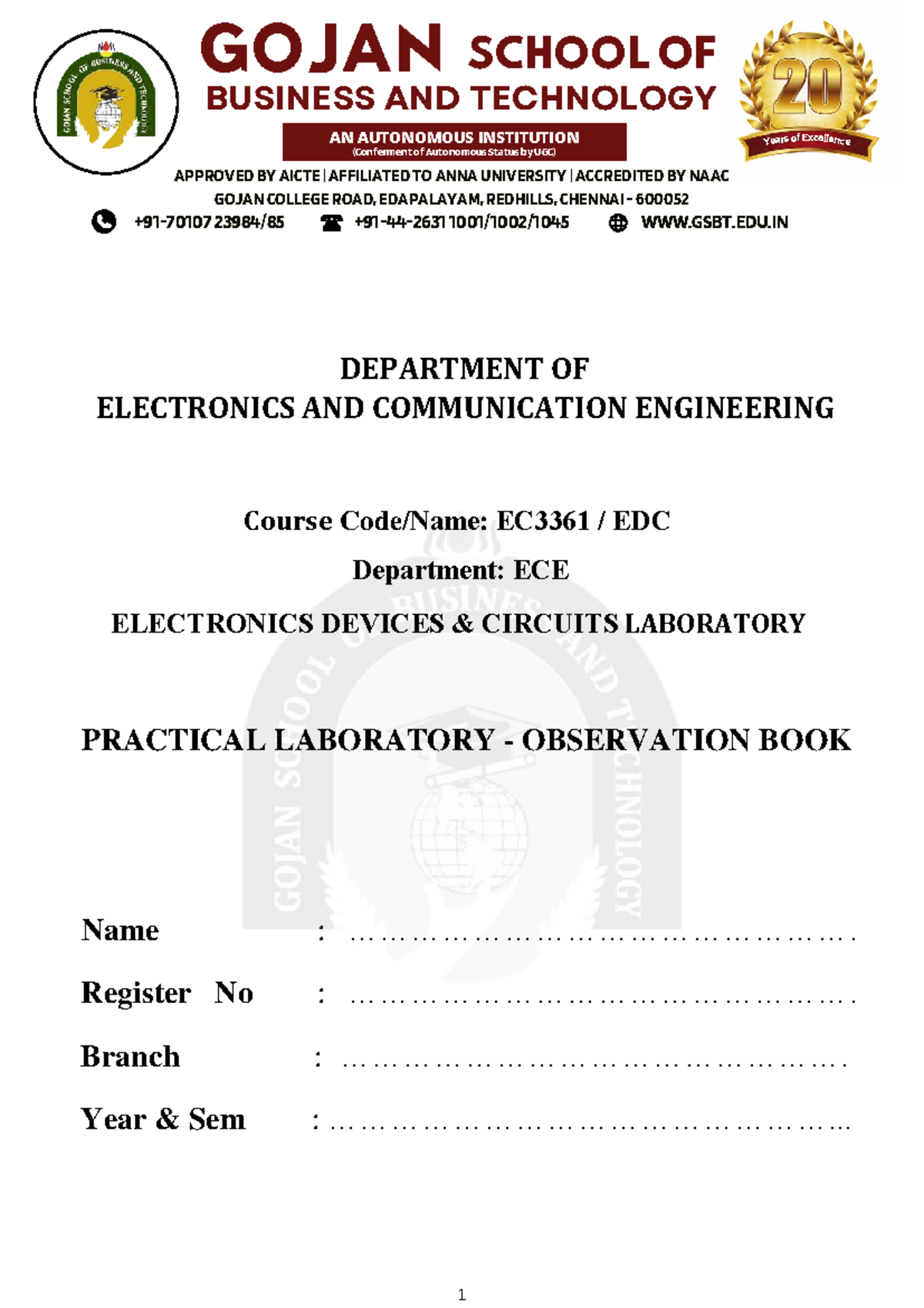 EC3361 EDC Laboratory Observation Book: Electronics Devices & Circuits - Studocu