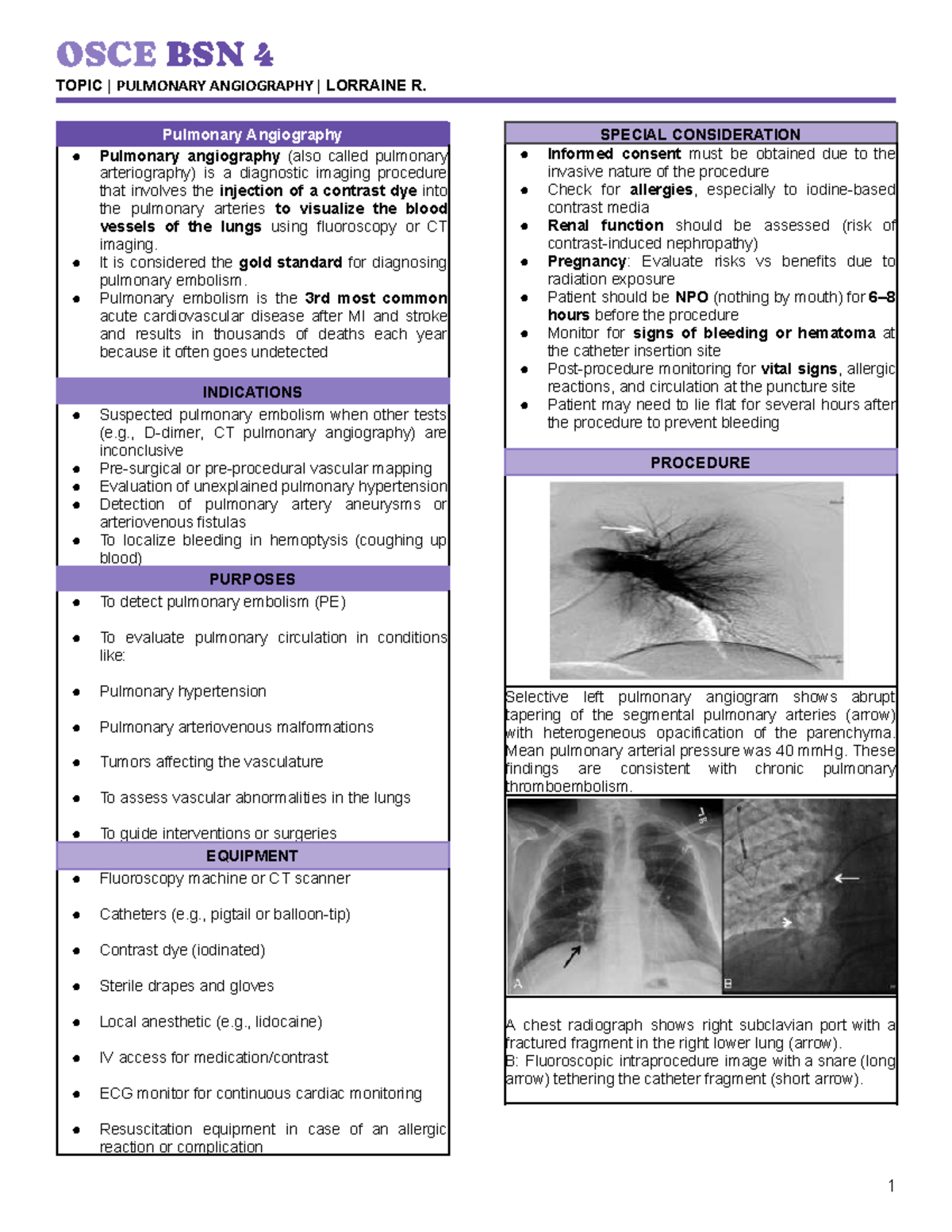 OSCE BSN 4: Pulmonary Angiography Overview and Procedures - Studocu