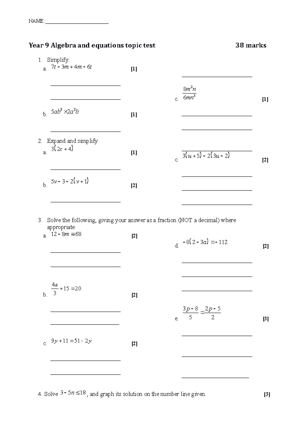 YEAR 9 Algebra Equations Topic TEST - Year 9 Algebra and equations ...