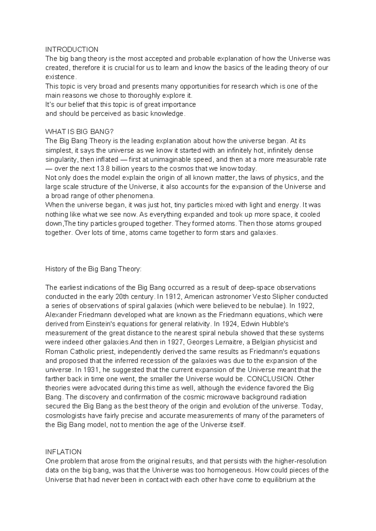 The Big Bang Theory - INTRODUCTION The big bang theory is the most ...