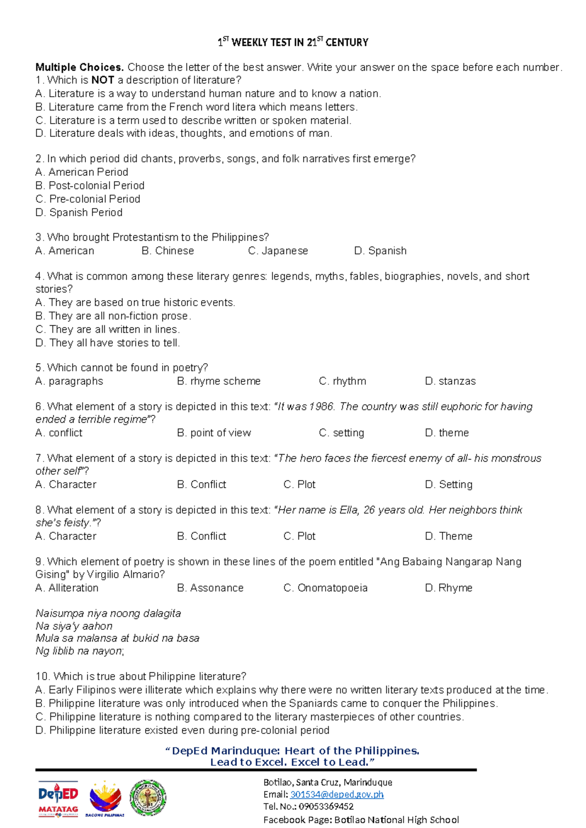 1ST Weekly TEST: Literature Concepts & Multiple Choice Questions - Studocu