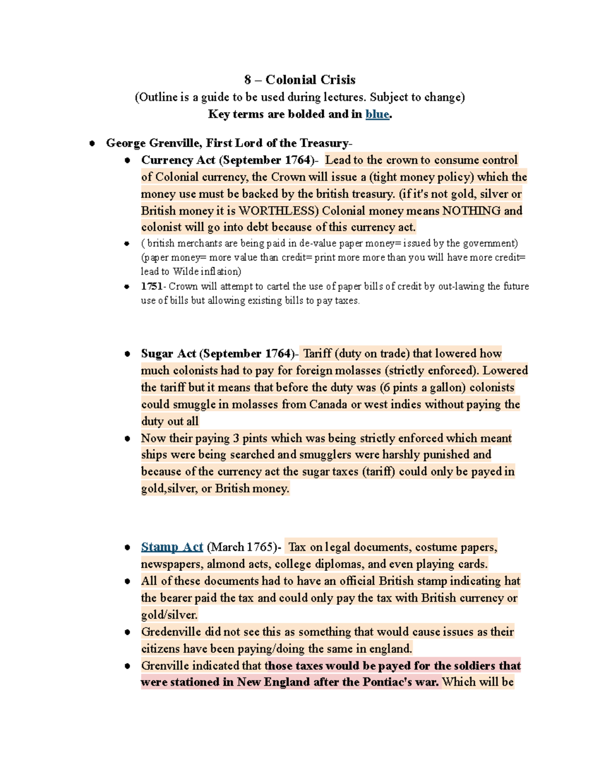 Colonial Crisis (HIST 101): Critical Acts Leading to American ...