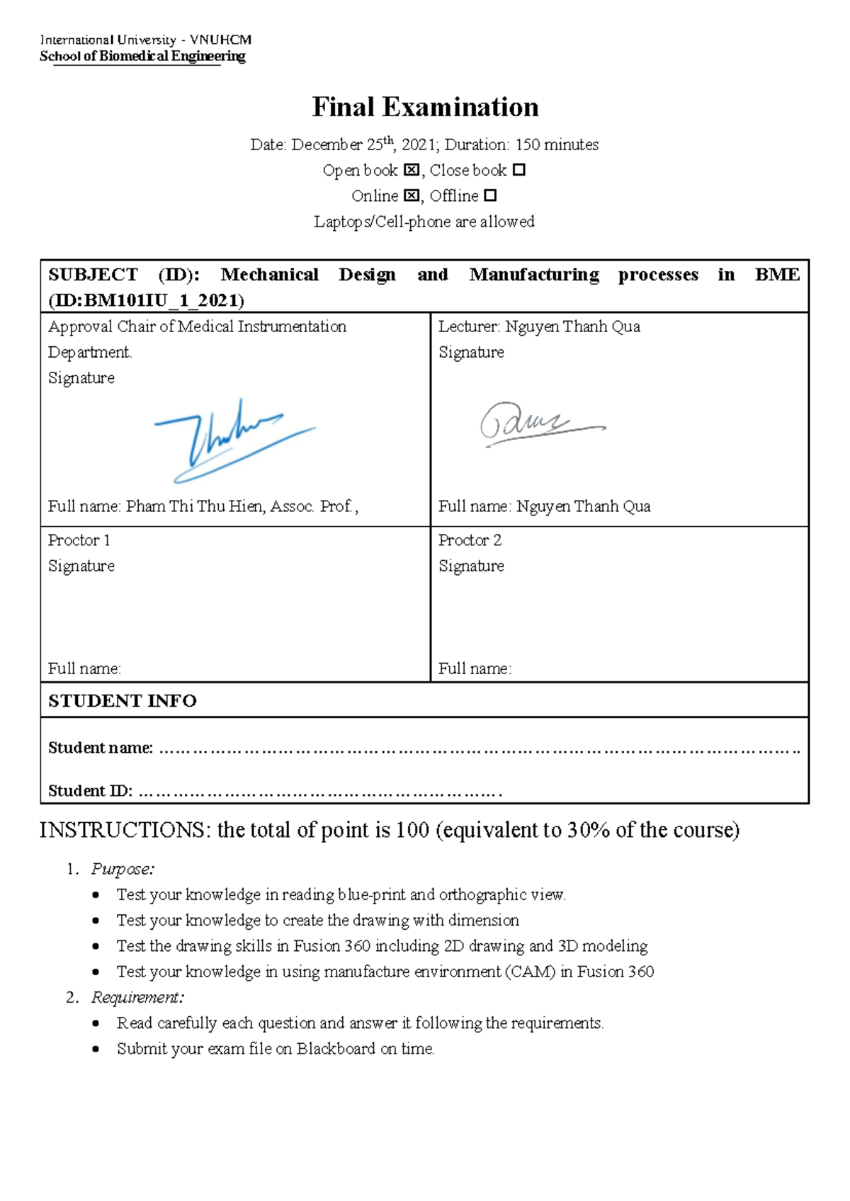 Final exam Mechanical Design and Manufacturing processes in BME ...