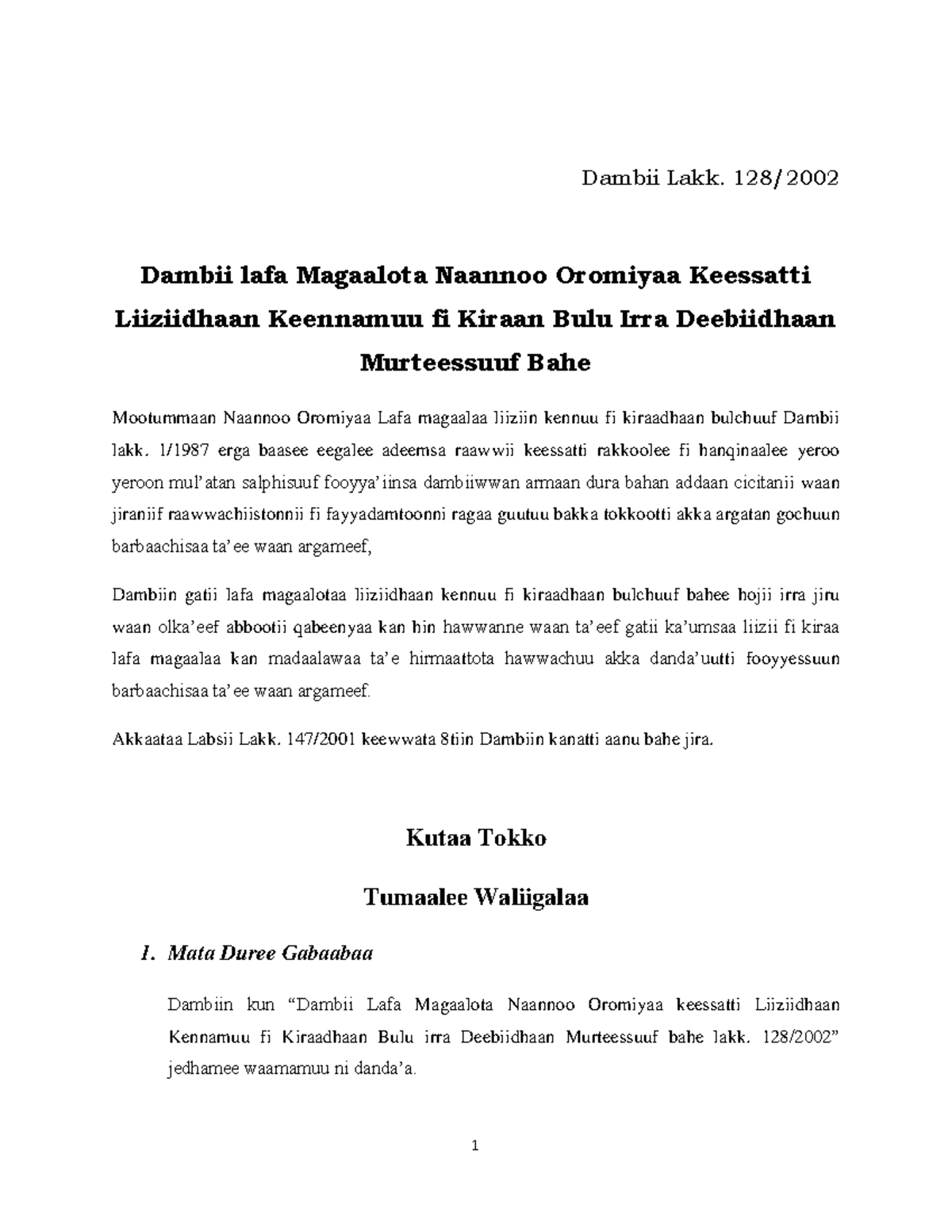 Dambii Lakk. 128/2002: Seerota Lafa Magaalaa Naannoo Oromiyaa - Studocu