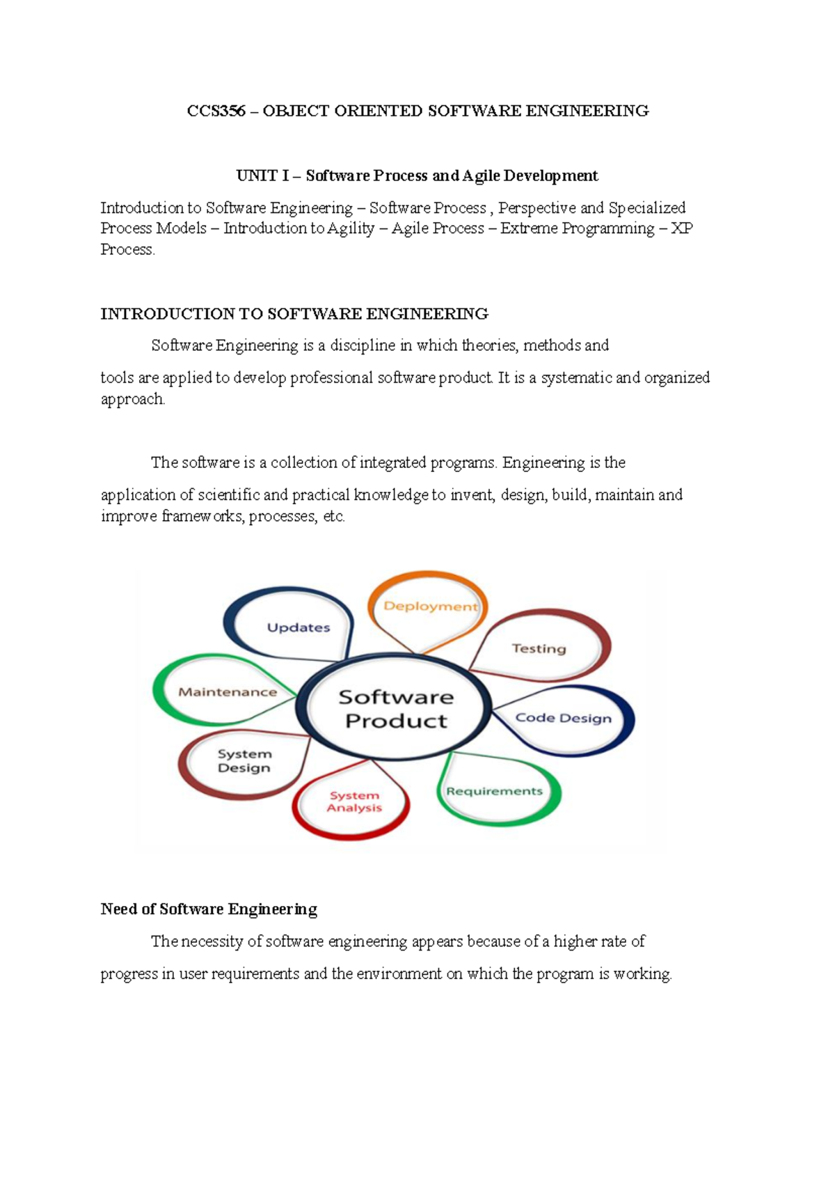 CCS356 OBJECT ORIENTED SOFTWARE ENGINEERING UNIT I: Software Processes & Agile - Studocu
