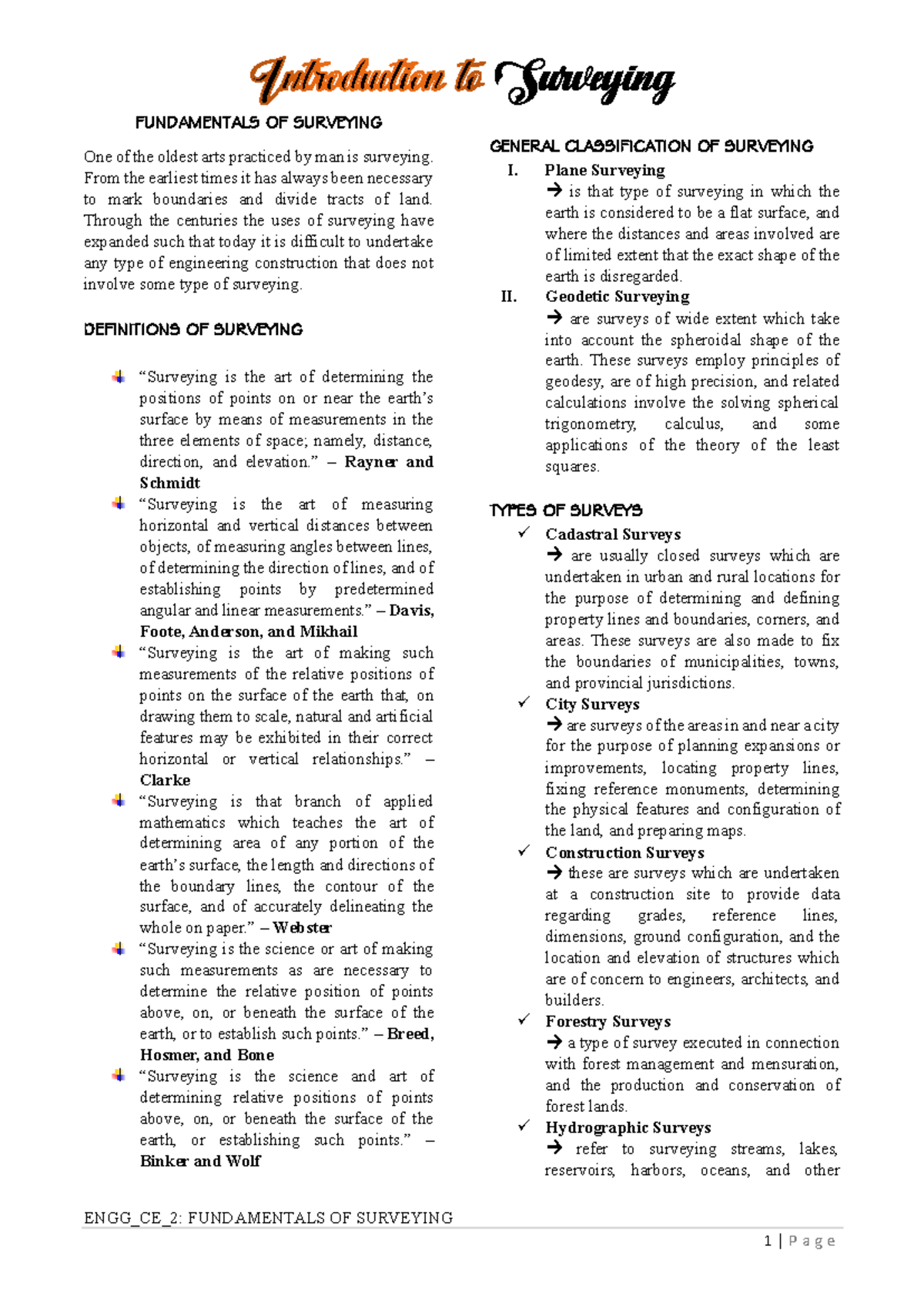 ENGG_CE_2: Fundamentals of Surveying - Module 1 Overview - Studocu