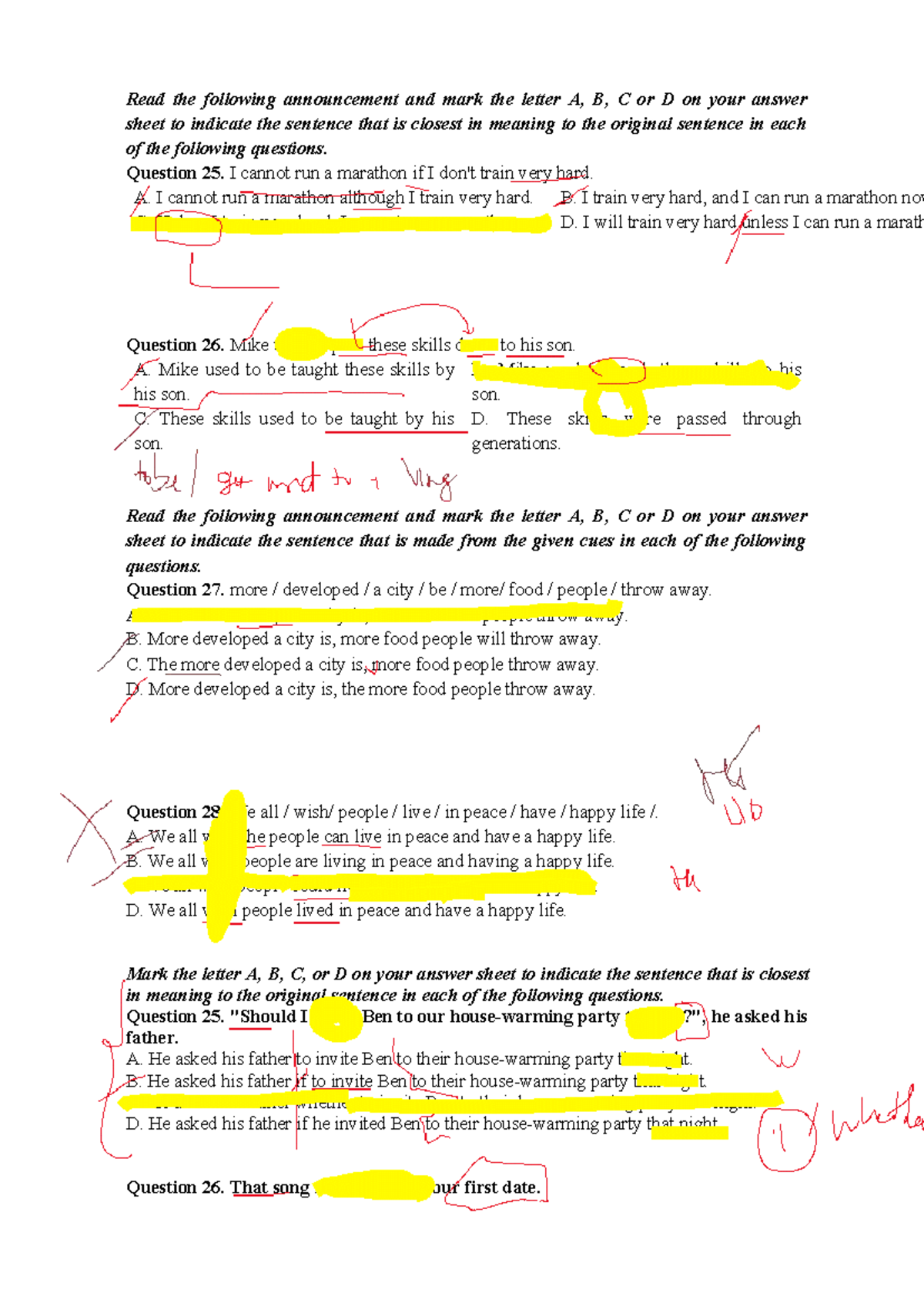 Final Exam Practice Questions for English Language Proficiency (ENG 101 ...