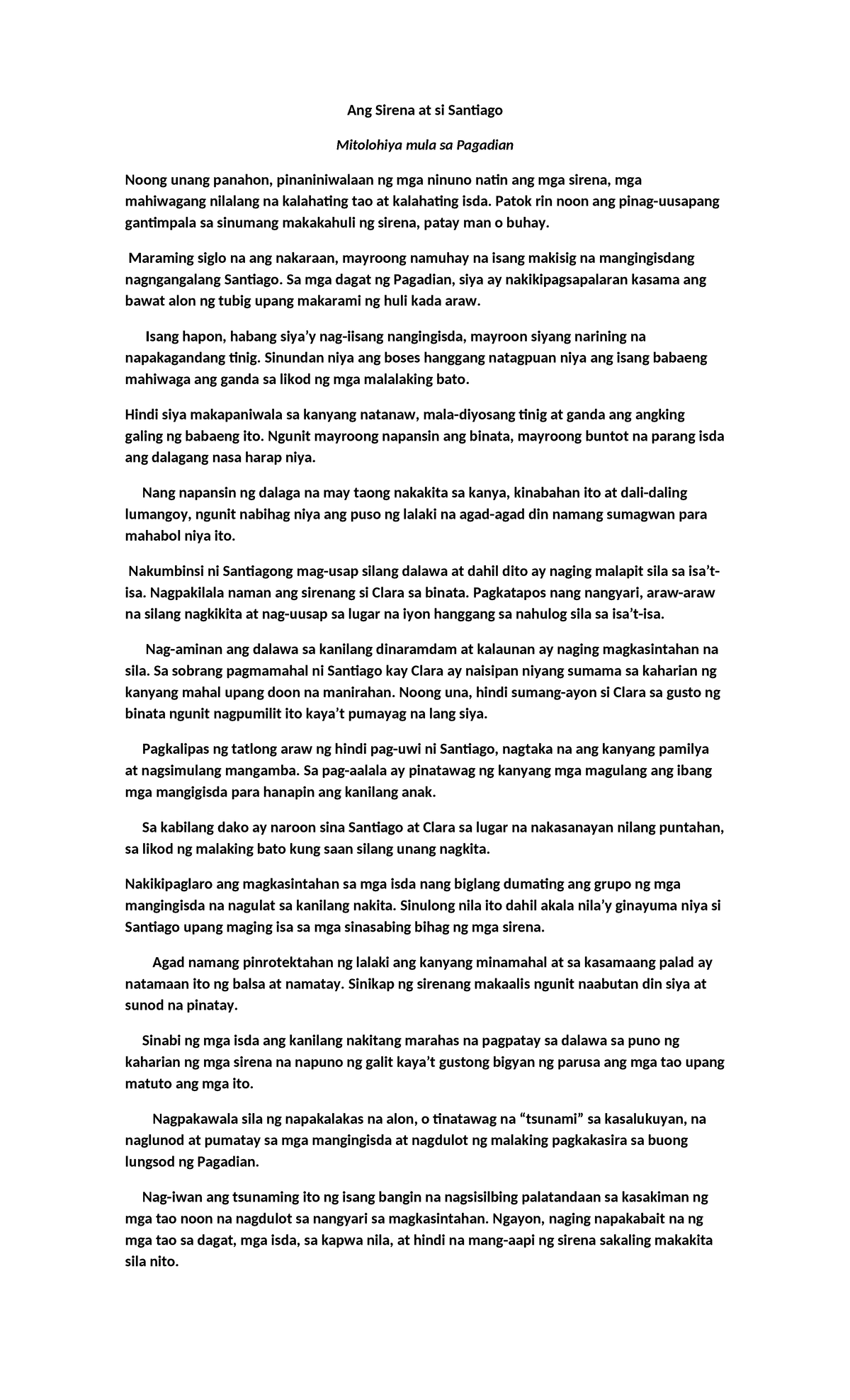 Ang Sirena at si Santiago: Isang Mitolohiya mula sa Pagadian - Studocu
