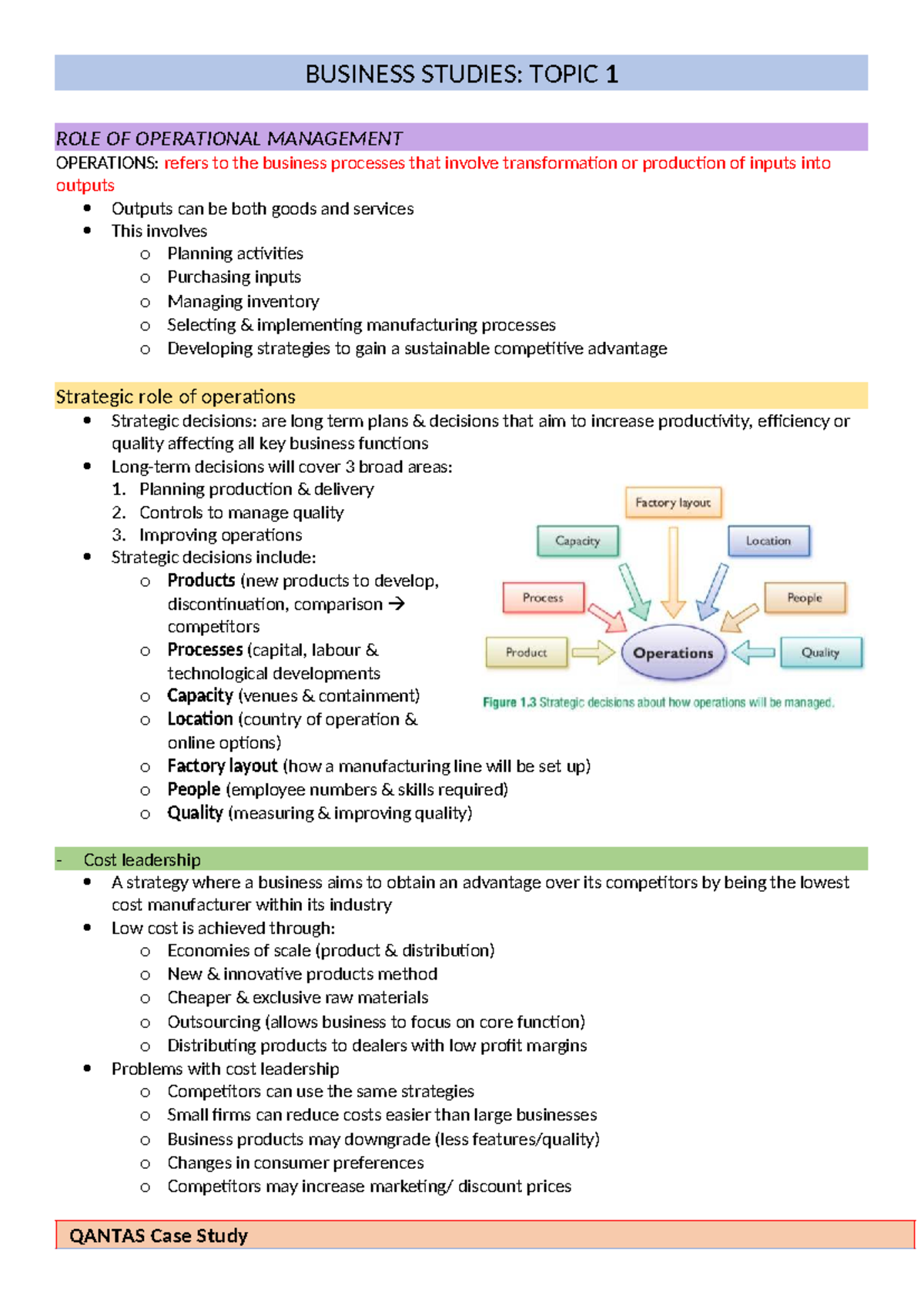 QANTAS Business Studies: Operational Management Strategies and Case ...
