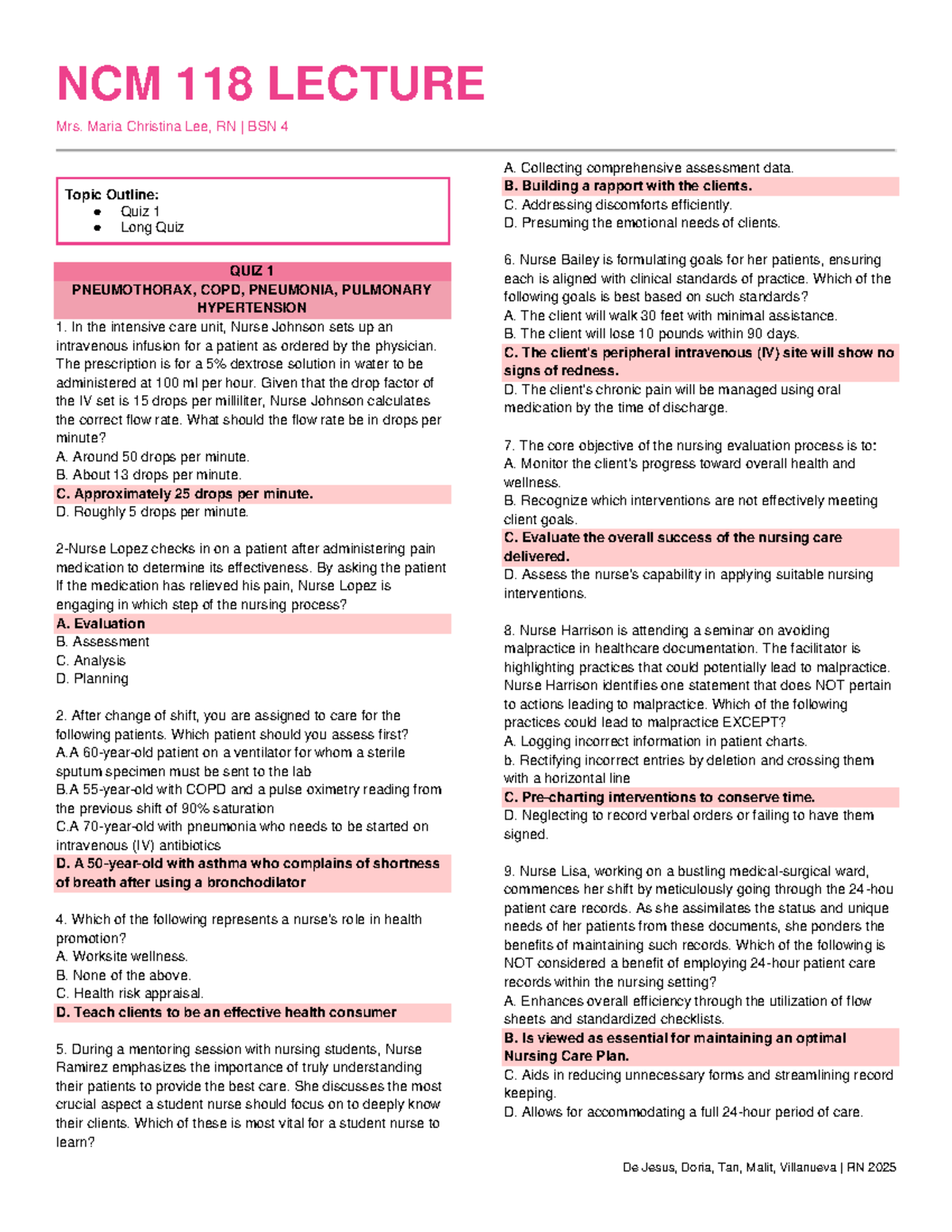 NCM 118 LECTURE - Quiz & Long Quiz Notes on Critical Care Nursing - Studocu