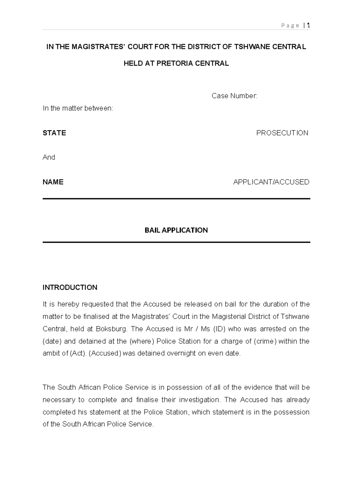 Bail Application: State vs. Name - Tshwane Central Court - Studocu