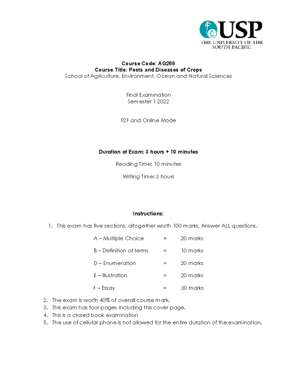 AG268 Final Exam: Pests and Diseases of Crops, Sem 1 2022 - Studocu