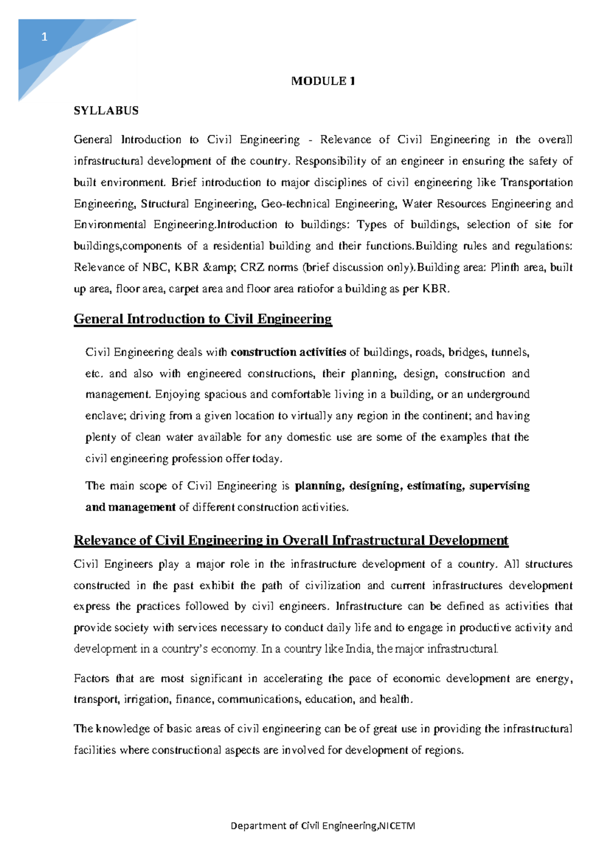 Basics of civil engineering-EST 120 2024 - MODULE 1 SYLLABUS General ...