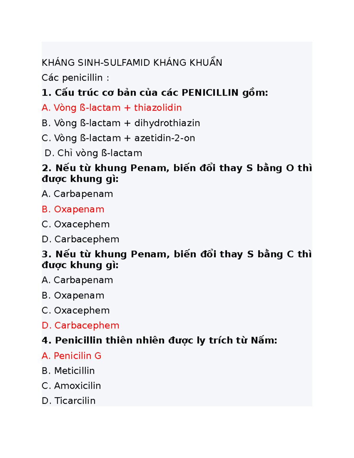 Câu hỏi kháng sinh - Hoa Duoc - KHÁNG SINH-SULFAMID KHÁNG KHUẨN Các ...
