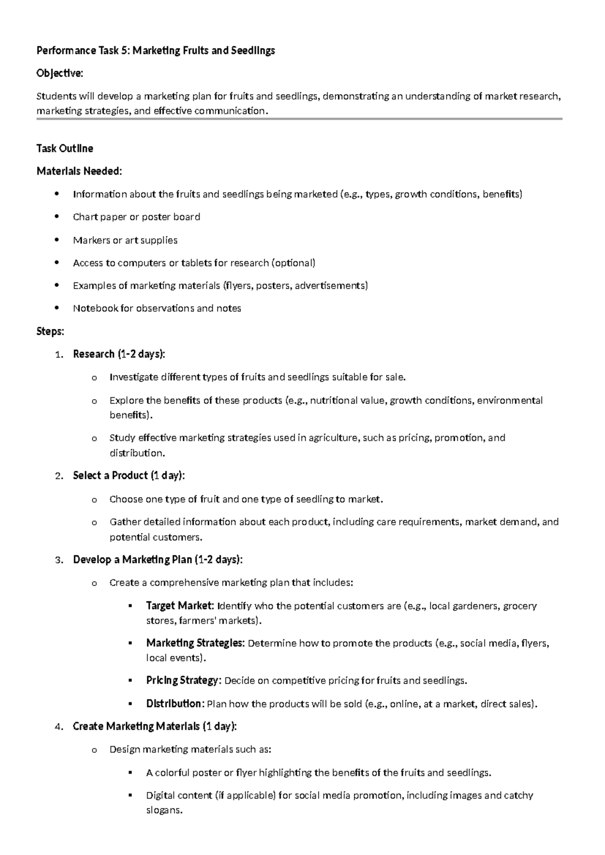 Performance Task 5 Agriculture 6 - Performance Task 5: Marketing Fruits ...
