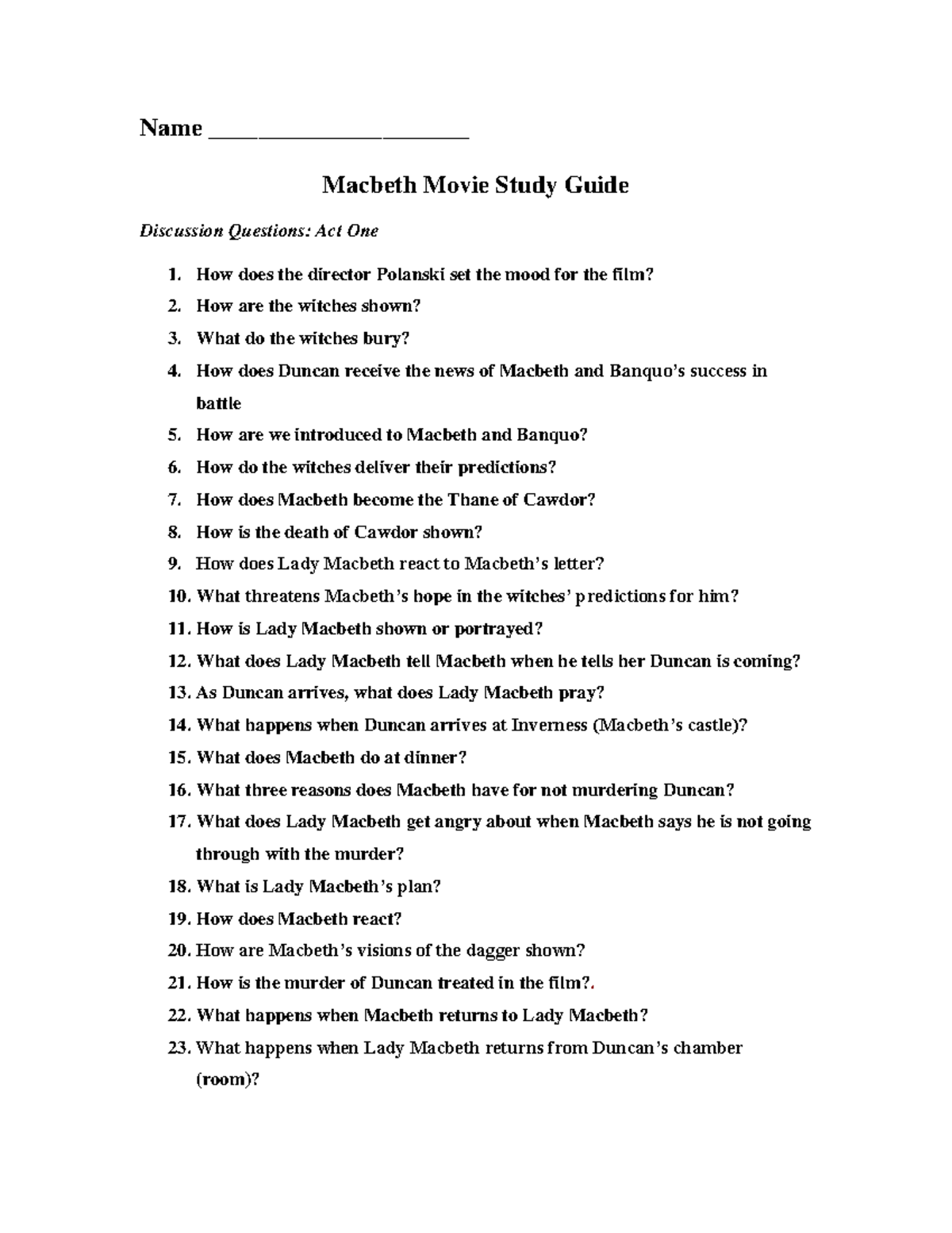 Macbeth (ENG 101) Movie Study Guide: Discussion Questions & Analysis ...