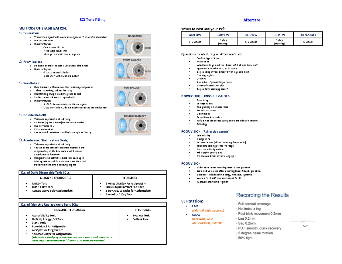 Toric CL Fitting, Aftercare, & Prelim Exam Guide (Optometry 101) - Studocu