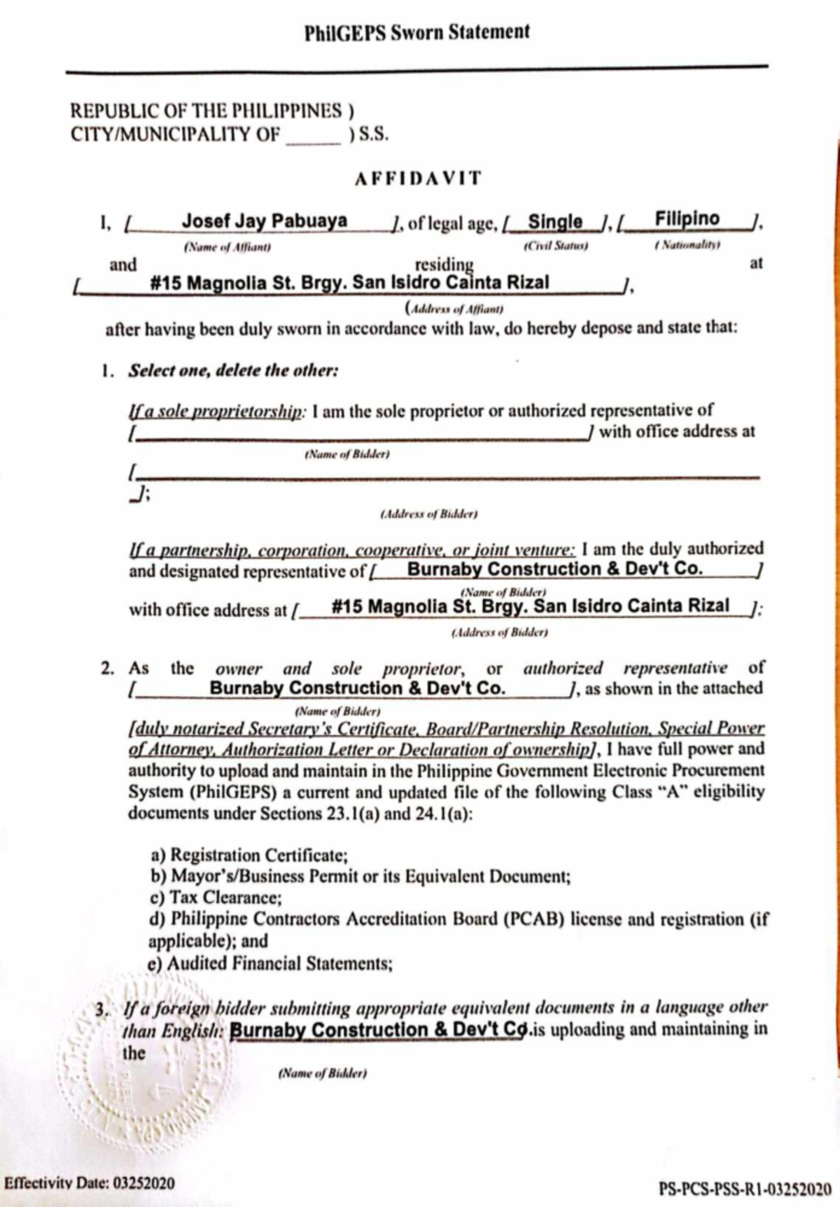 PhilGEPS Sworn Statement Affidavit for Burnaby Construction & Dev't Co ...