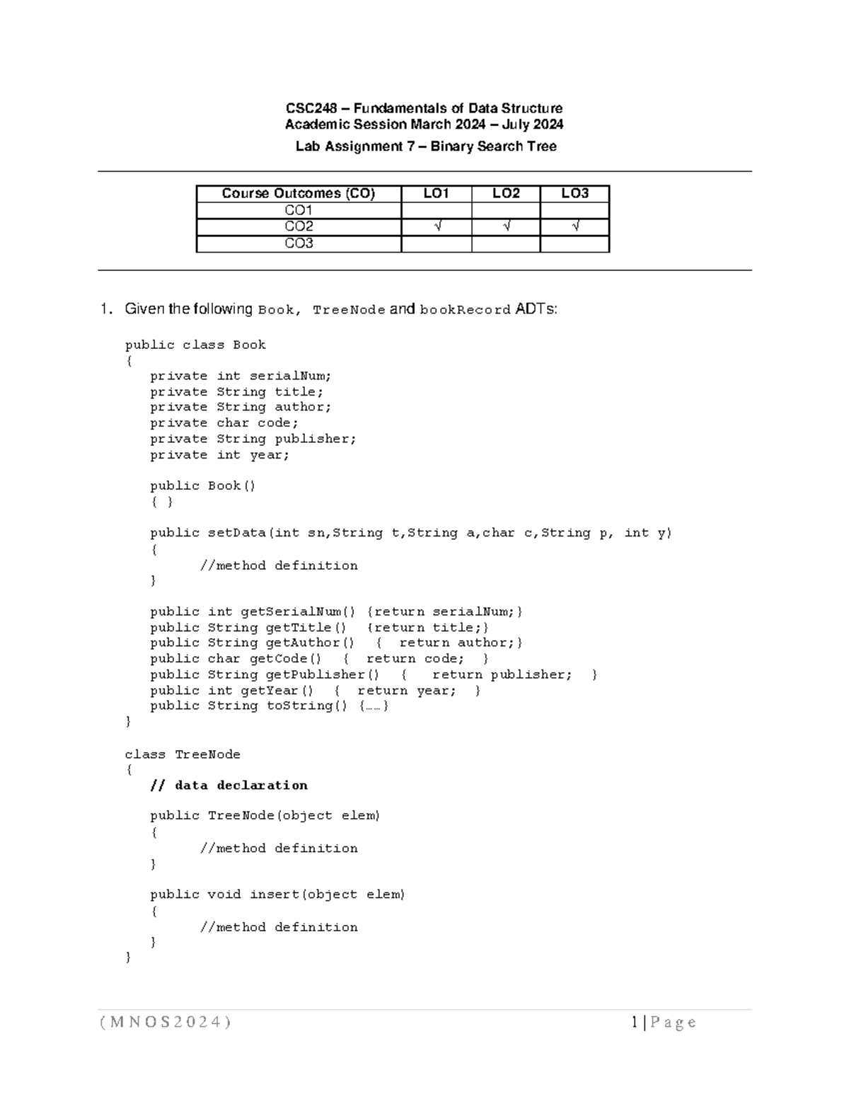 Binary Search Tree - ( M N O S 2 0 2 4 ) 1 | P a g e CSC248 ...
