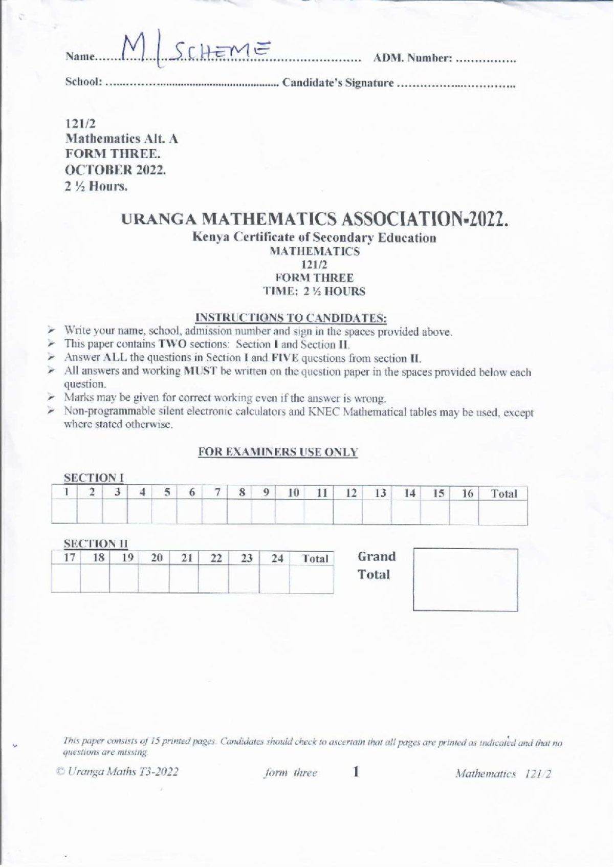 Mathematics Form Three October 2022 Exam Paper (PP2) - Studocu
