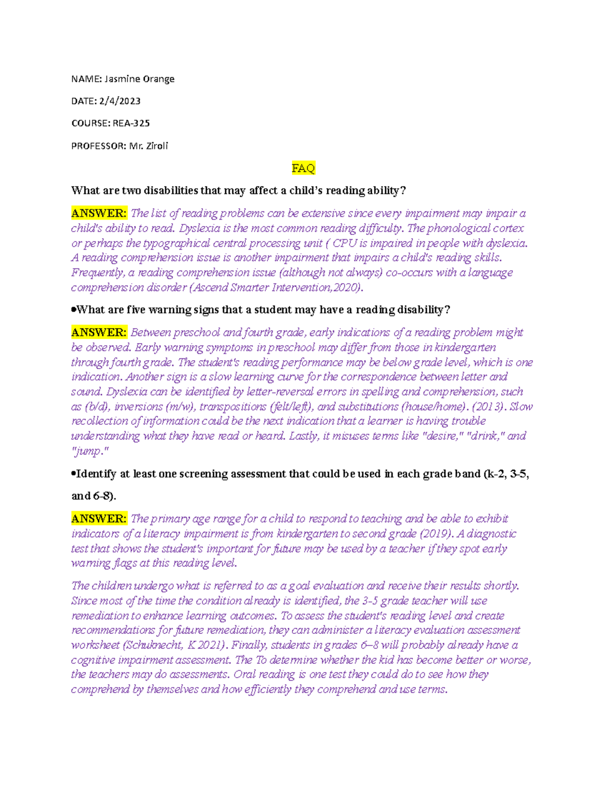 Topic 2 REA 325 Assignment: Identifying Reading Disabilities - Studocu