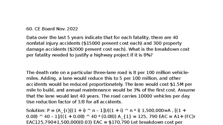 CE Board Nov. 2022: Cost-Benefit Analysis for Highway Projects - Studocu
