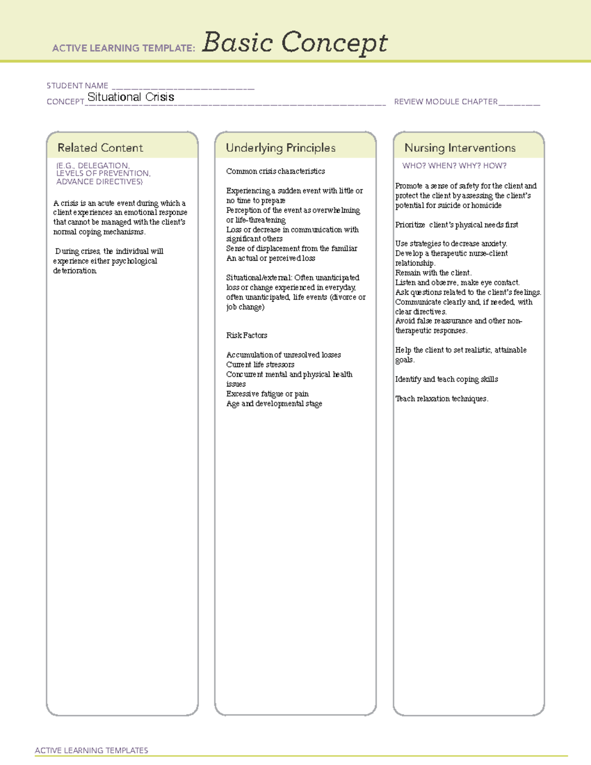 Active Learning Template for Situational Crisis: Nursing Interventions - Studocu
